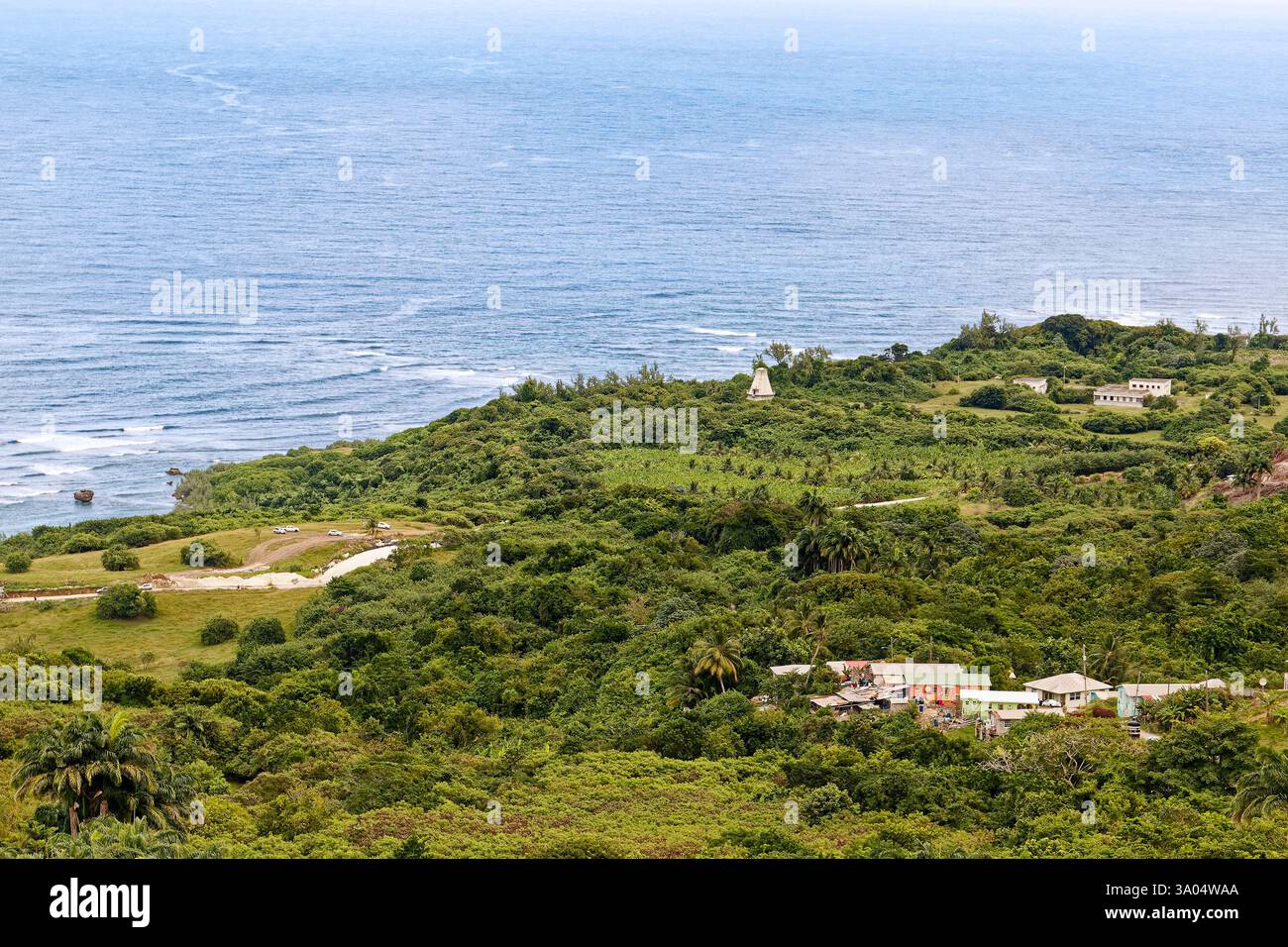 island overview, scene, landscape, buildings, green vegetation, blue ...