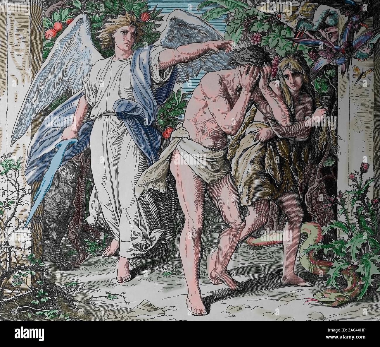 Old Testament. The angels drives Adam and Eve out of Paradise with his ...