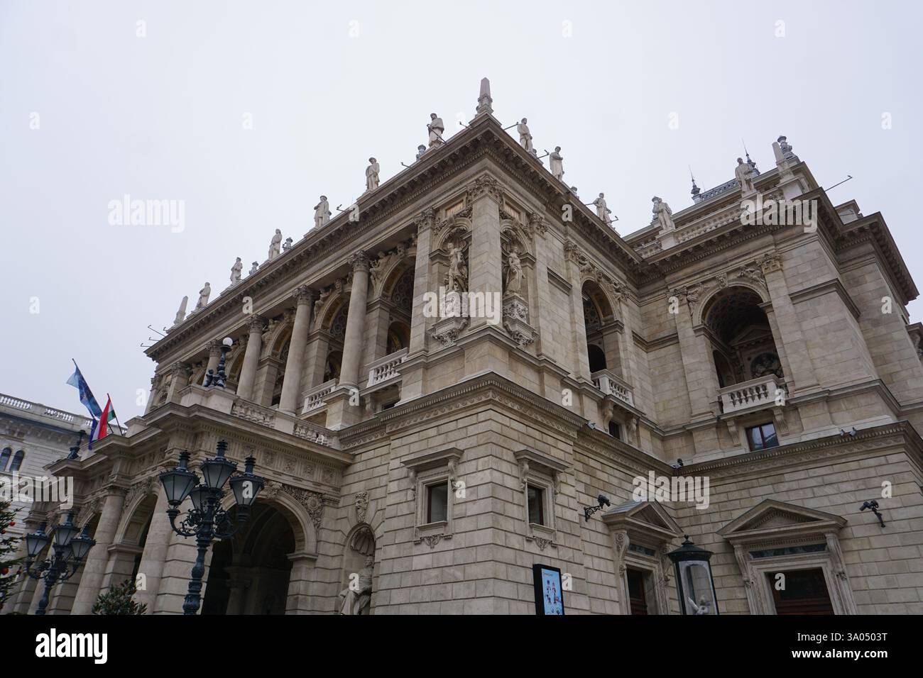 The ornamental side of the facade of the historic Budapest Opera House ...