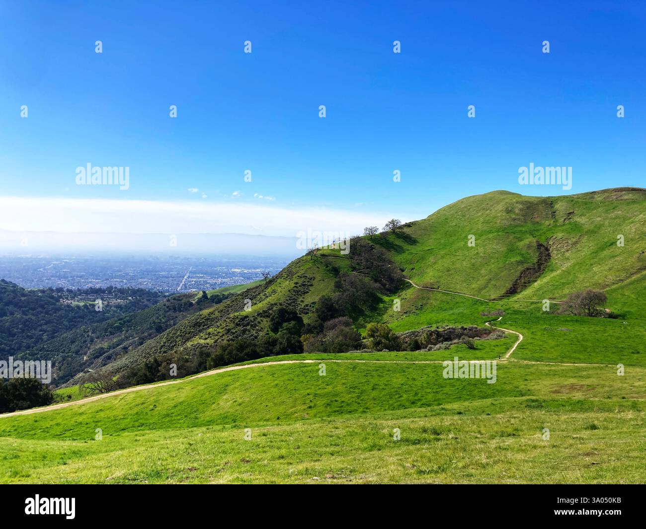 Rolling green hills with winding trails overlook a distant urban ...