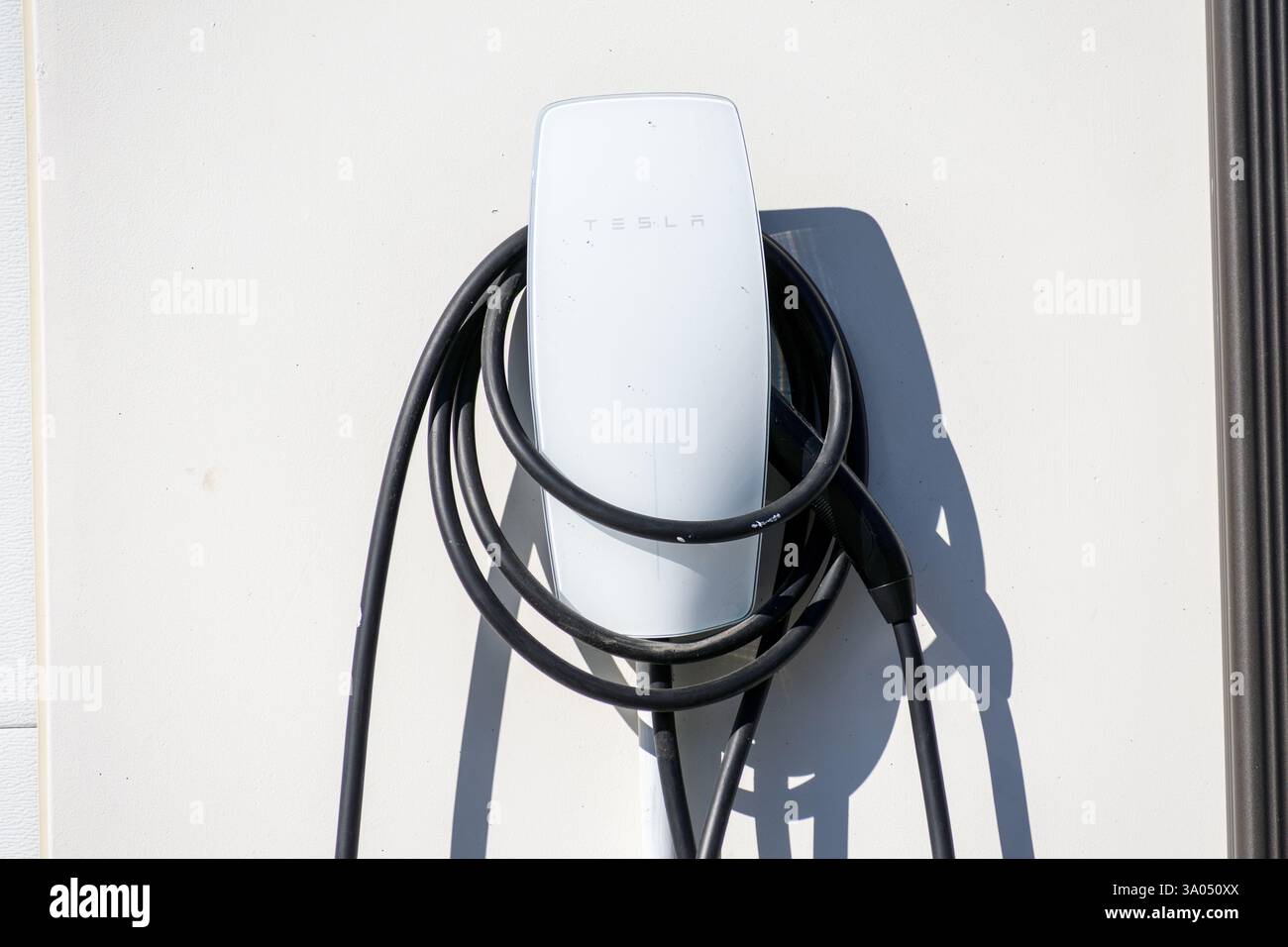 Tesla wall-mounted electric vehicle charger with coiled black cable ...