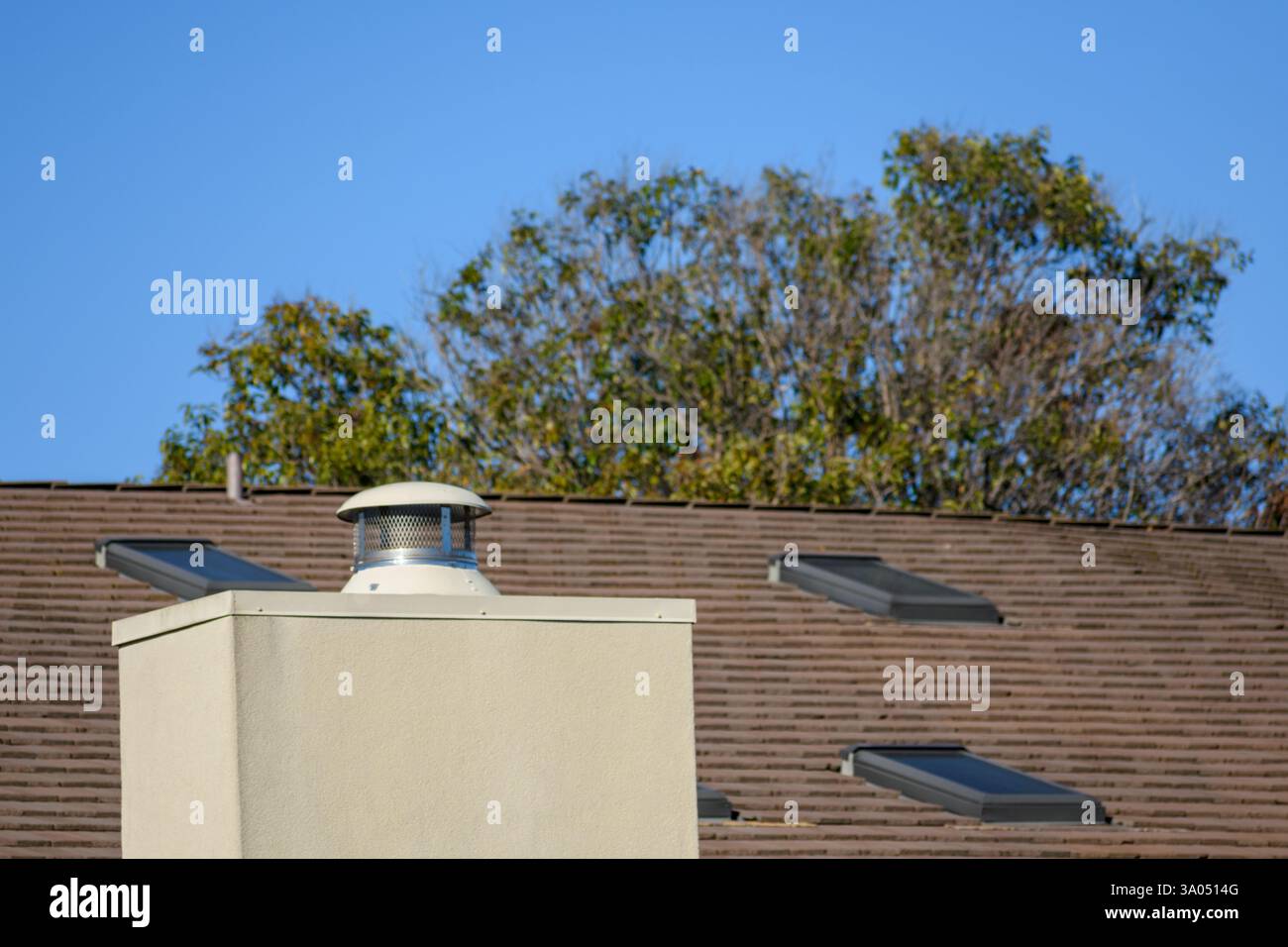 A residential rooftop features a prominent beige chimney and three ...