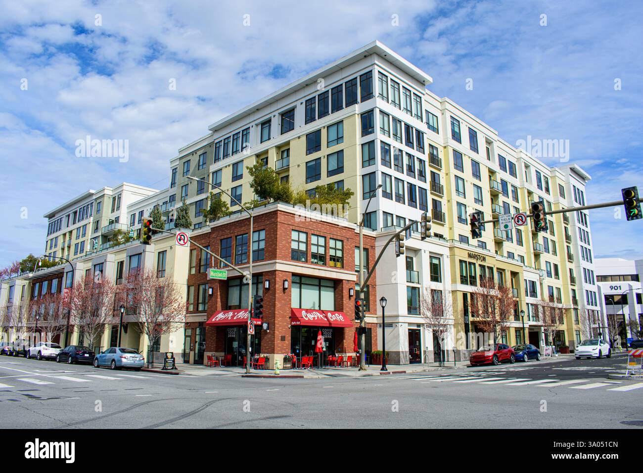 Exterior view of modern mixed-use building with luxury residential ...