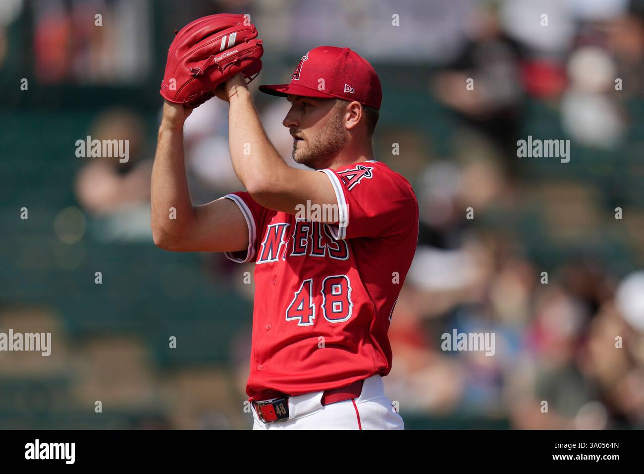 Los Angeles Angels pitcher Reid Detmers starts his windup during the ...