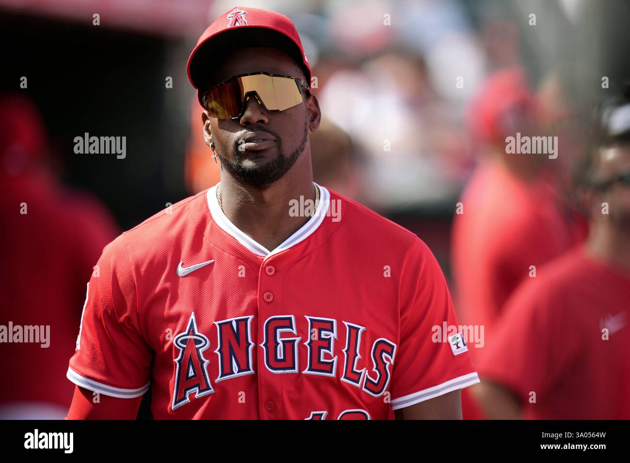 Los Angeles Angels' Jorge Soler walks through the dugout during the ...