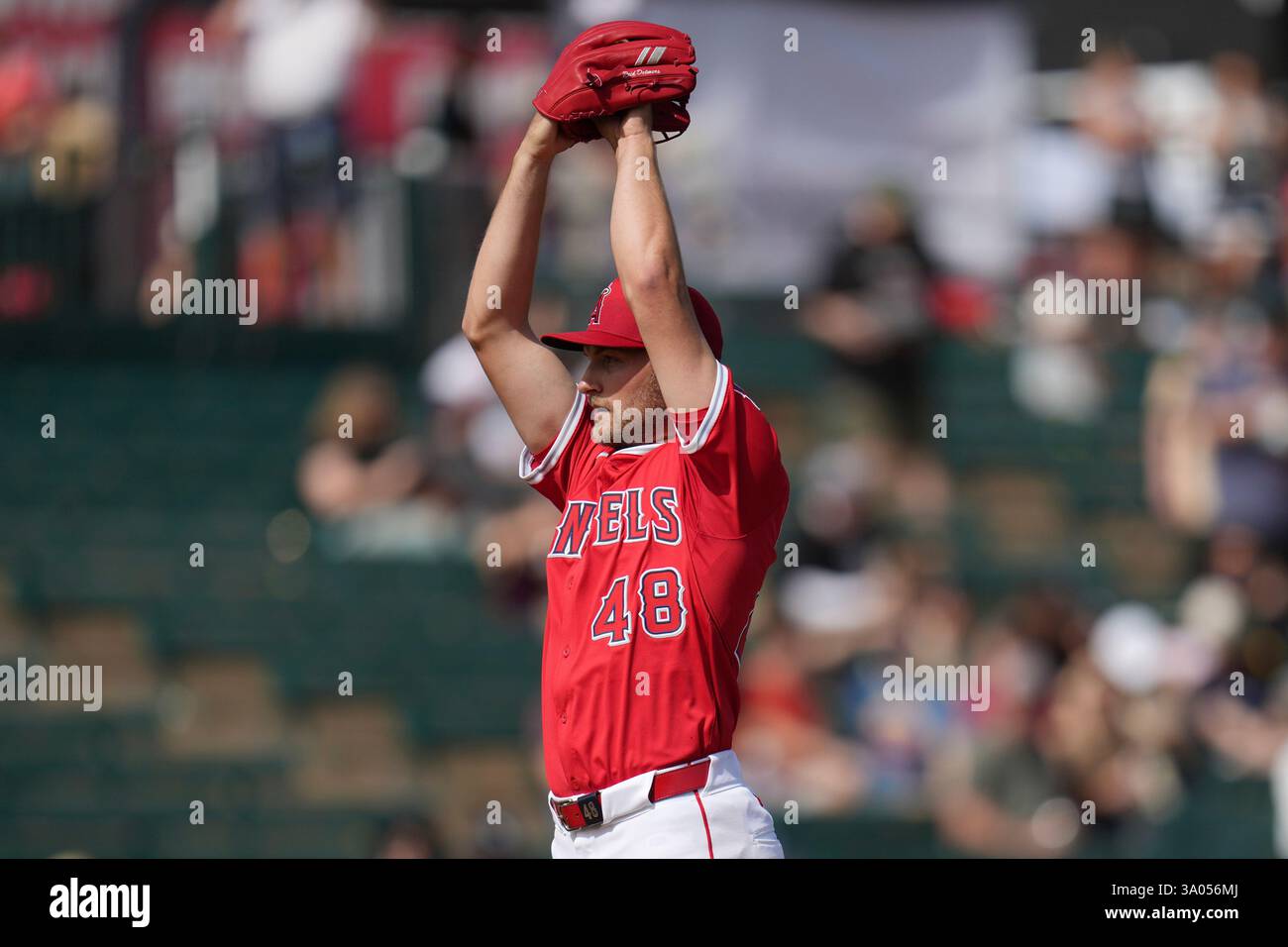 Los Angeles Angels pitcher Reid Detmers starts his windup during the ...
