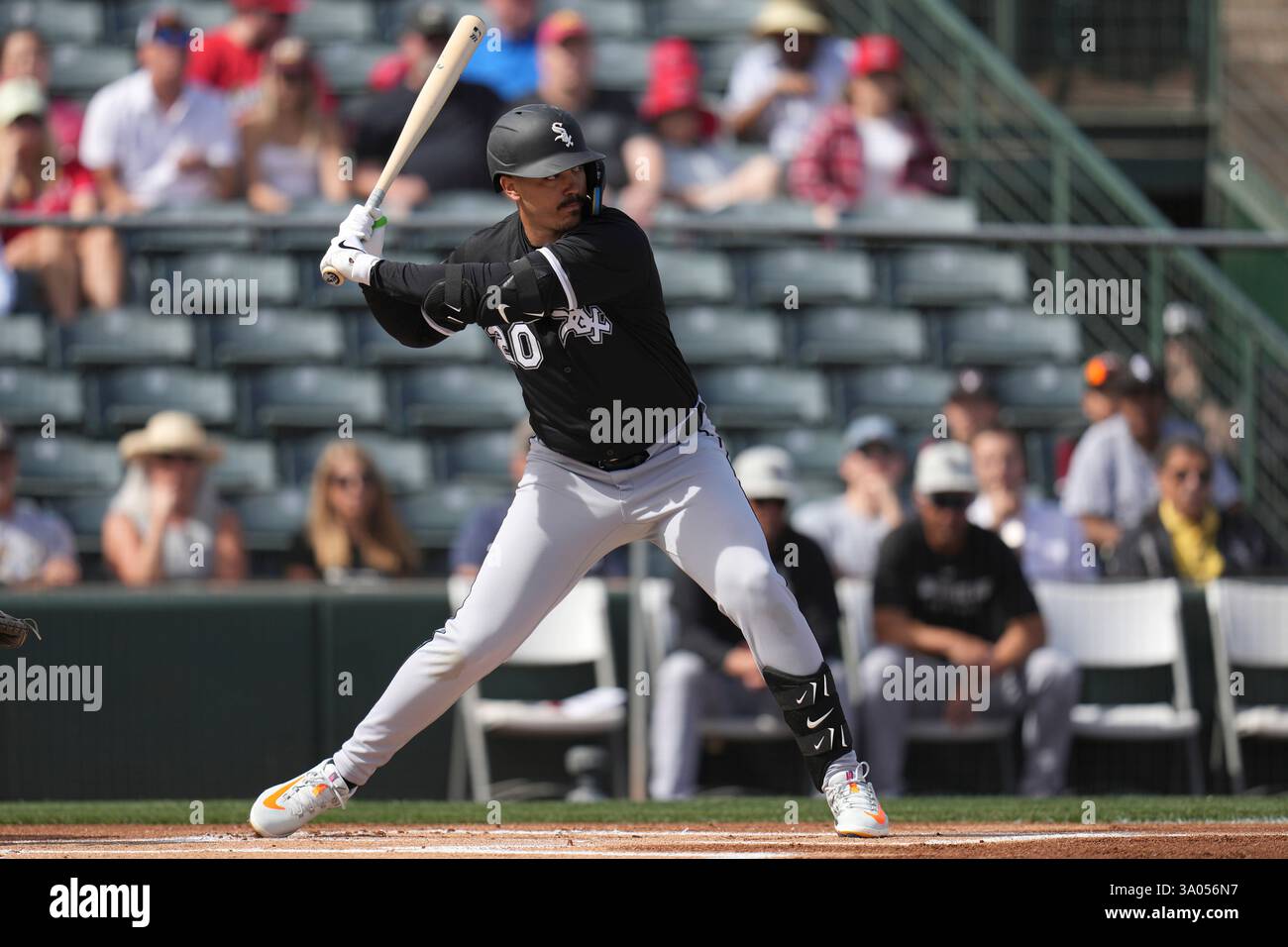 Chicago White Sox's Miguel Vargas starts his swing against the Los ...