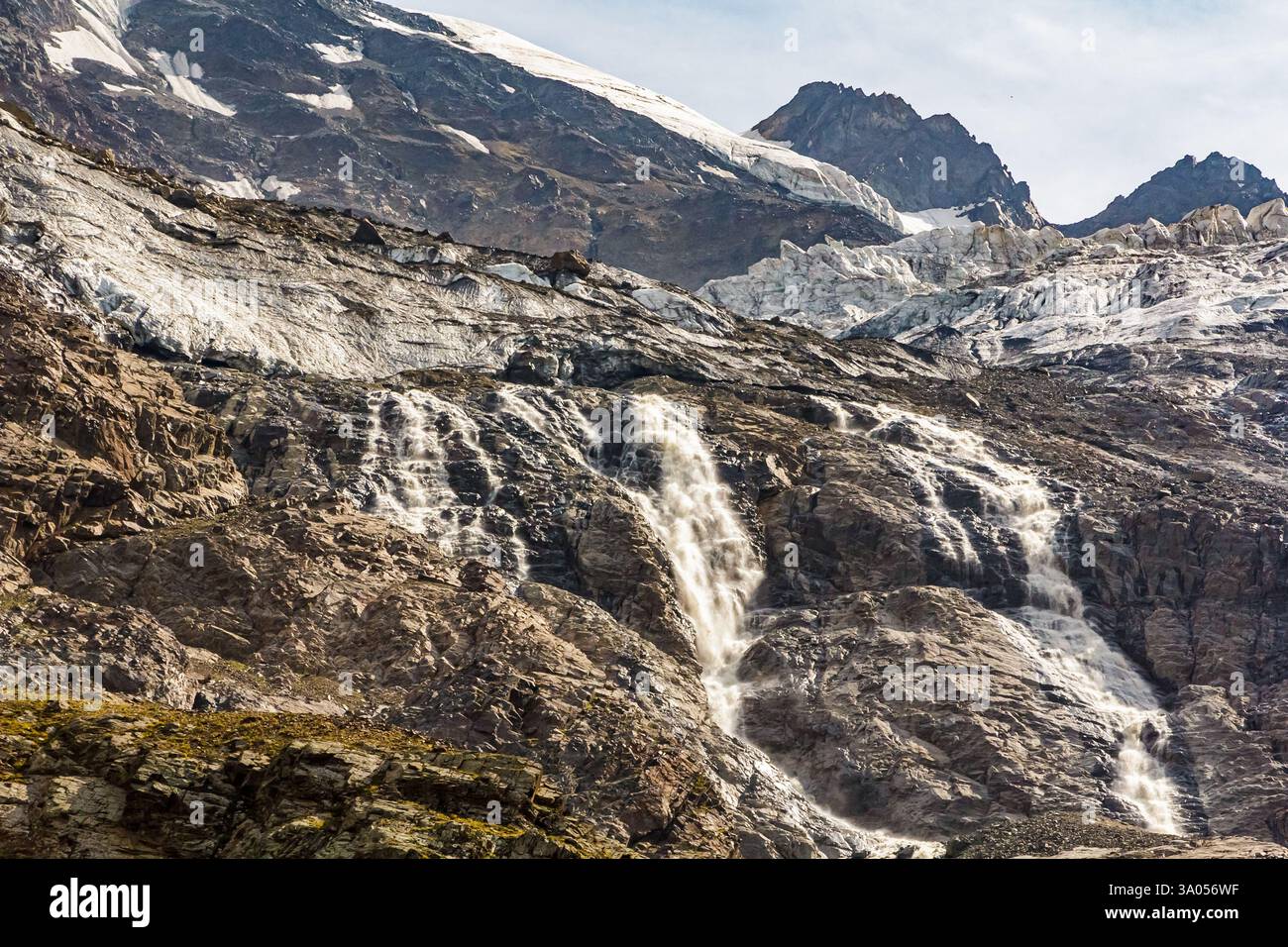 Glacier water melting and creating waterfalls running down a rocky ...