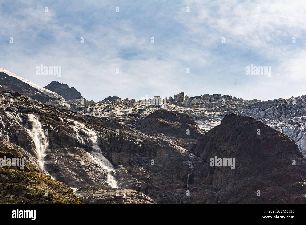 Waterfalls cascading down a rocky mountainside below a melting glacier ...