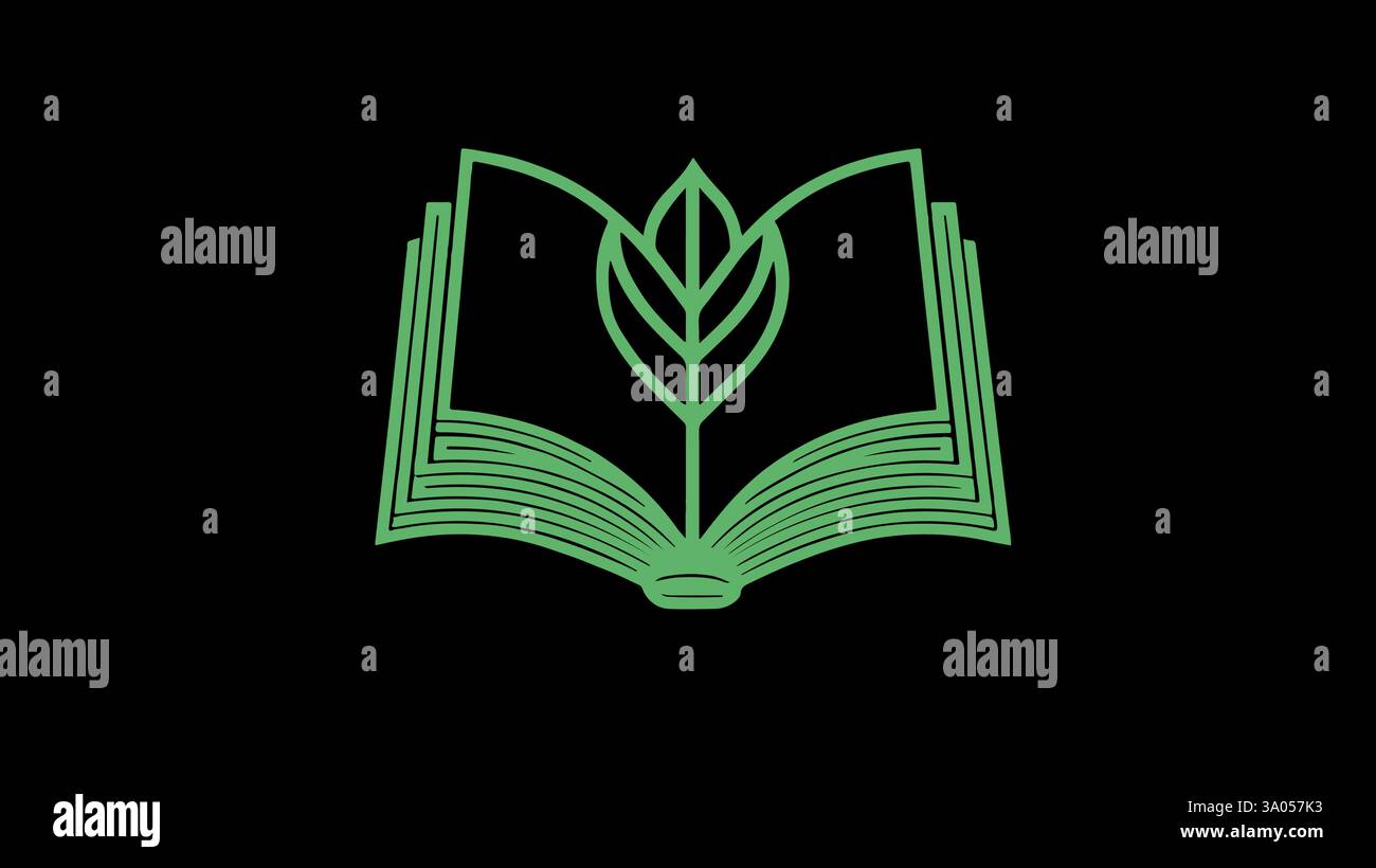 Open book features leaf. Light green neon illustration. Suitable for ...