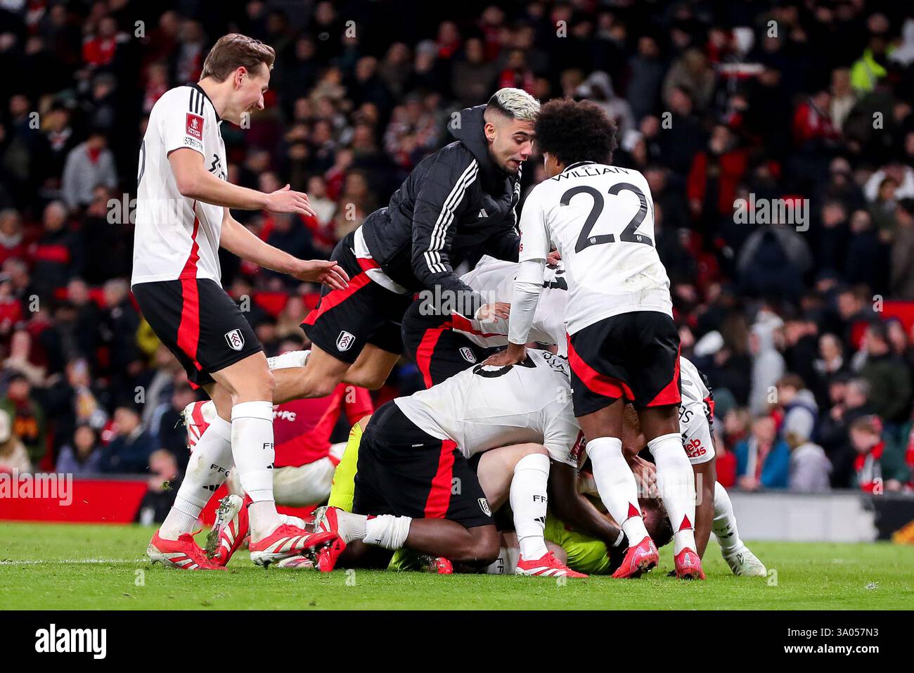 Manchester, UK. 02nd Mar, 2025. Fulham players celebrate their penalty shootout victory after ...