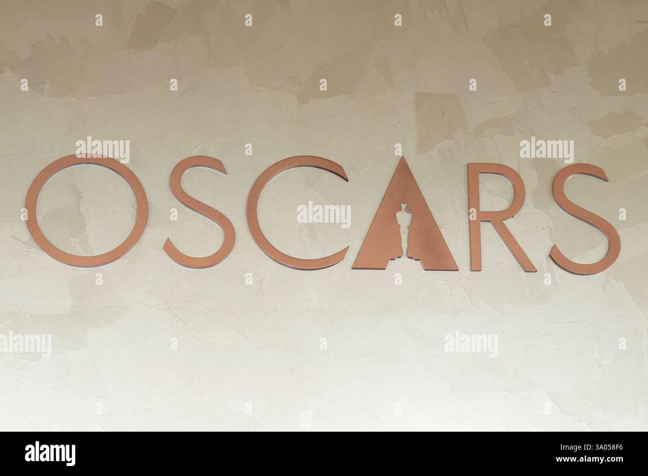 General view of signage seen in the red carpet at the Oscars on Sunday ...