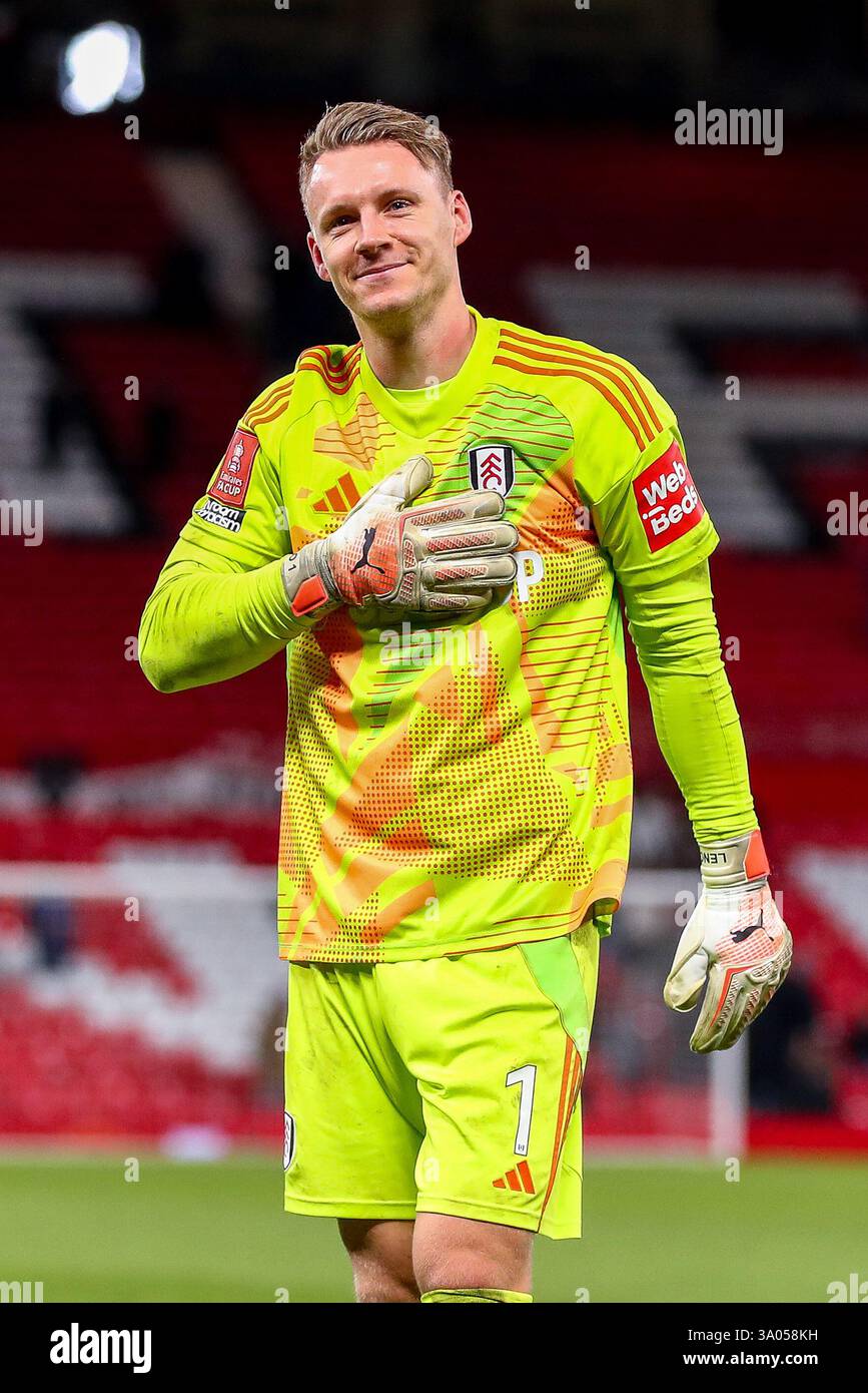 Manchester, UK. 02nd Mar, 2025. Bernd Leno of Fulham shows his ...