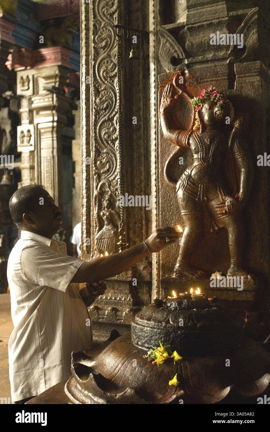 Devotee worshipping lord hanuman bas-relief on pillar in kambattadi ...