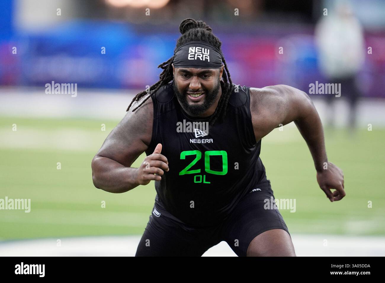 Ohio State offensive lineman Donovan Jackson runs a drill at the NFL football scouting combine ...