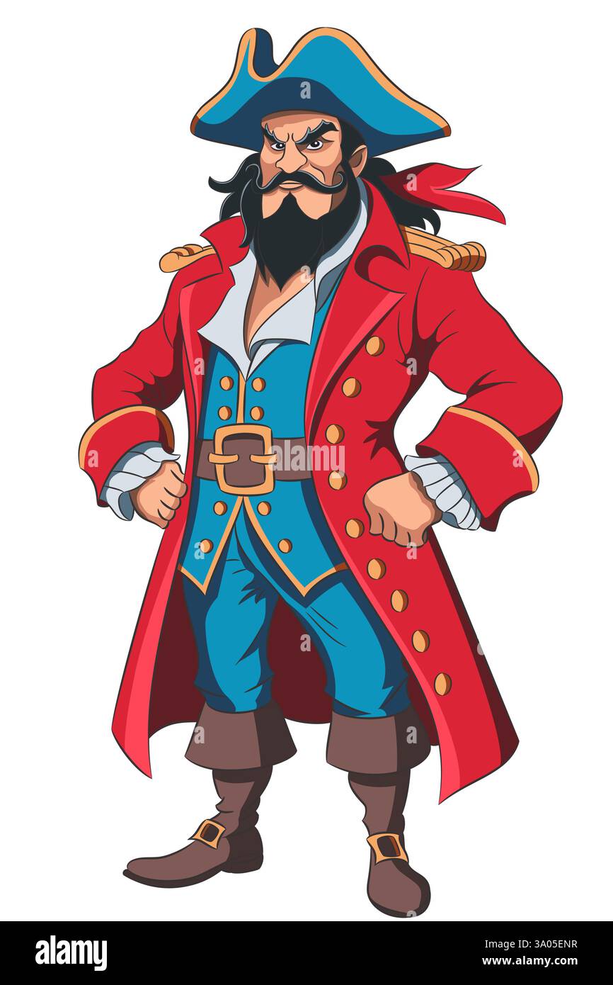 Vector illustration of a cartoon pirate character in a red and blue ...