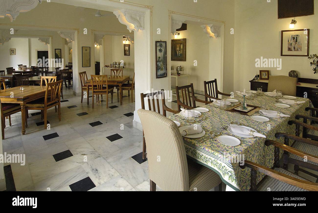 Dining room in Rawla Jojwar heritage hotel, Marwar, Rajasthan, India PR ...