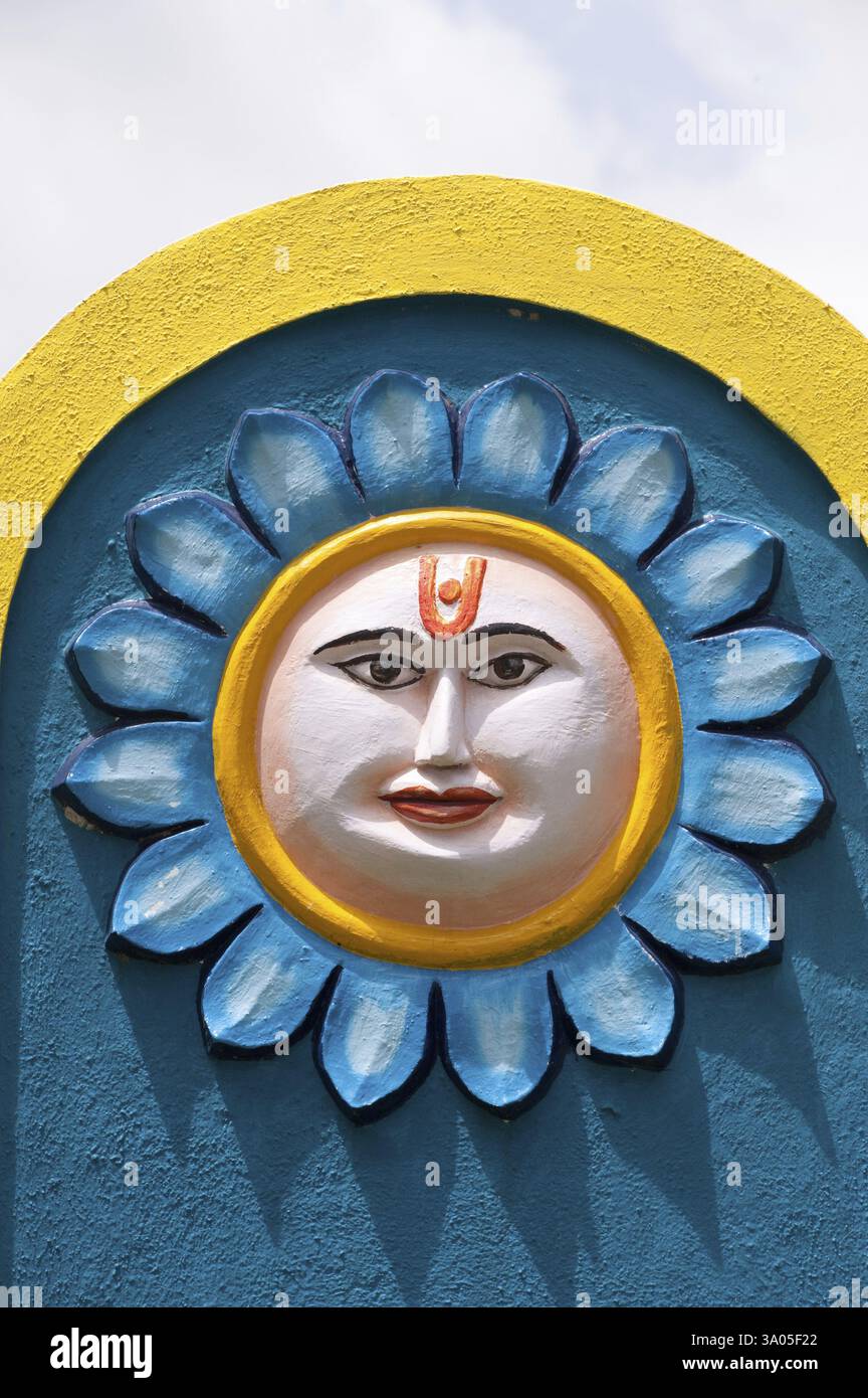 Painted moon god on temple, Ozar, Junnar, Pune, Maharashtra, India 2010 ...