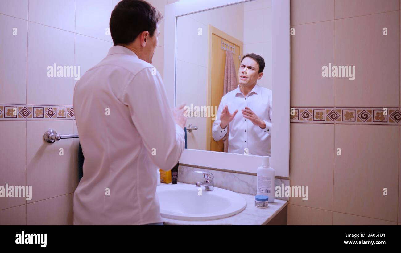Businessman rehearsing speech, preparation and public speaking practice ...