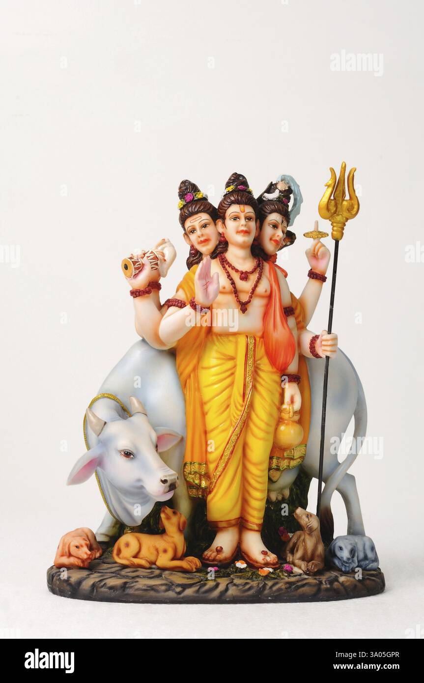Clay statue of three face god shri gurudev datta with cow and dogs ...