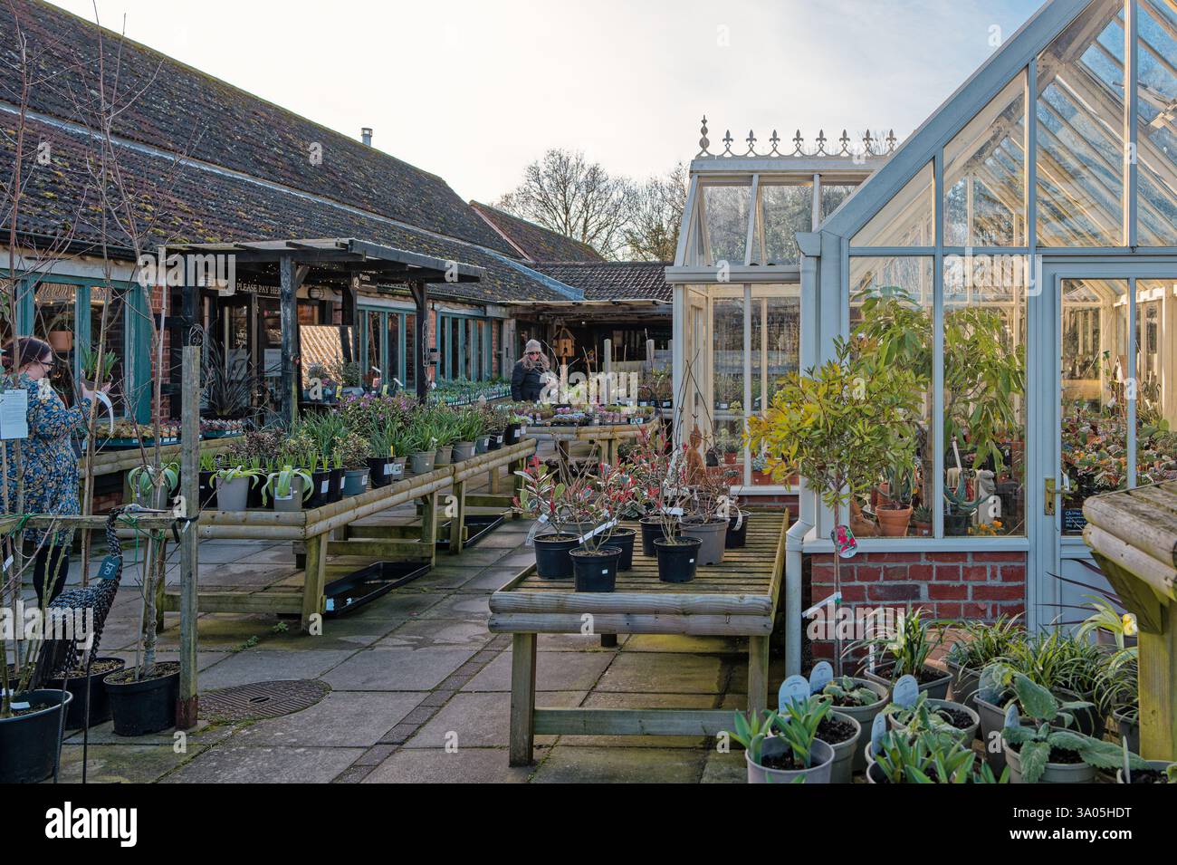 Garden centre in South Devon with shelves of plant pots, a central ...