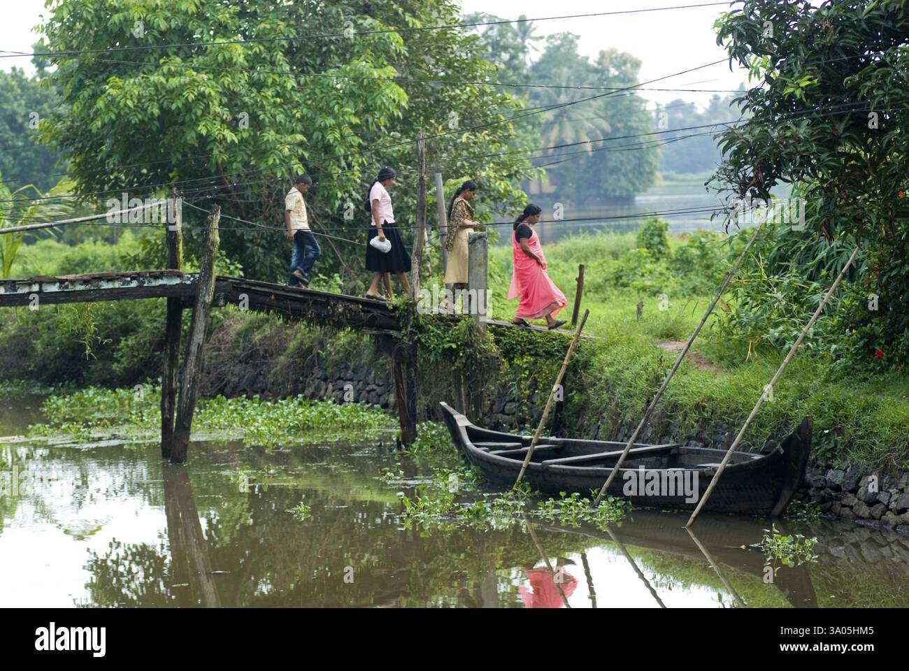 People crossing wooden bridge near Alappuzha Alleppey, Backwaters of ...