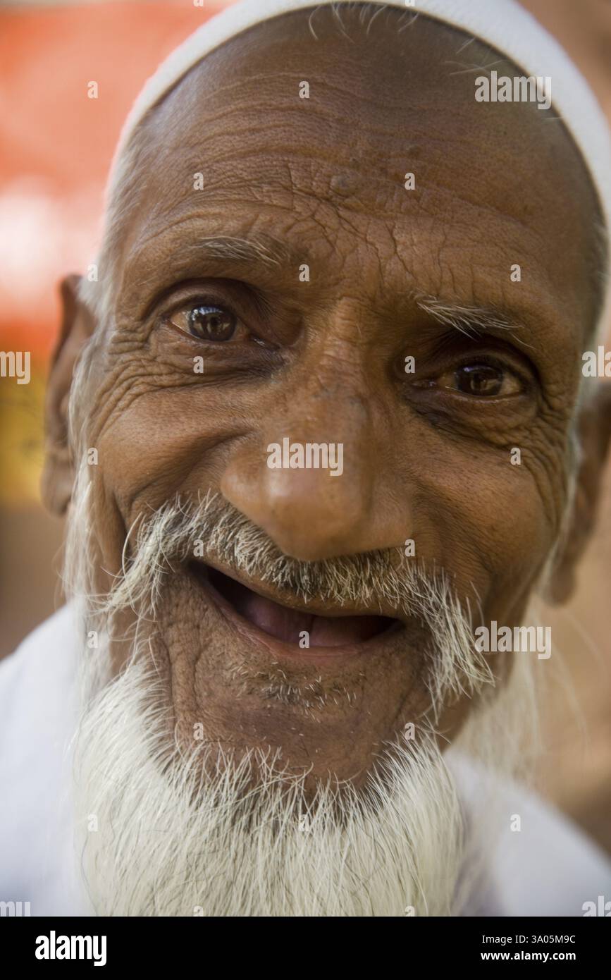 South Asian Indian Muslim aged man smiling, Village Delwada, Udaipur ...