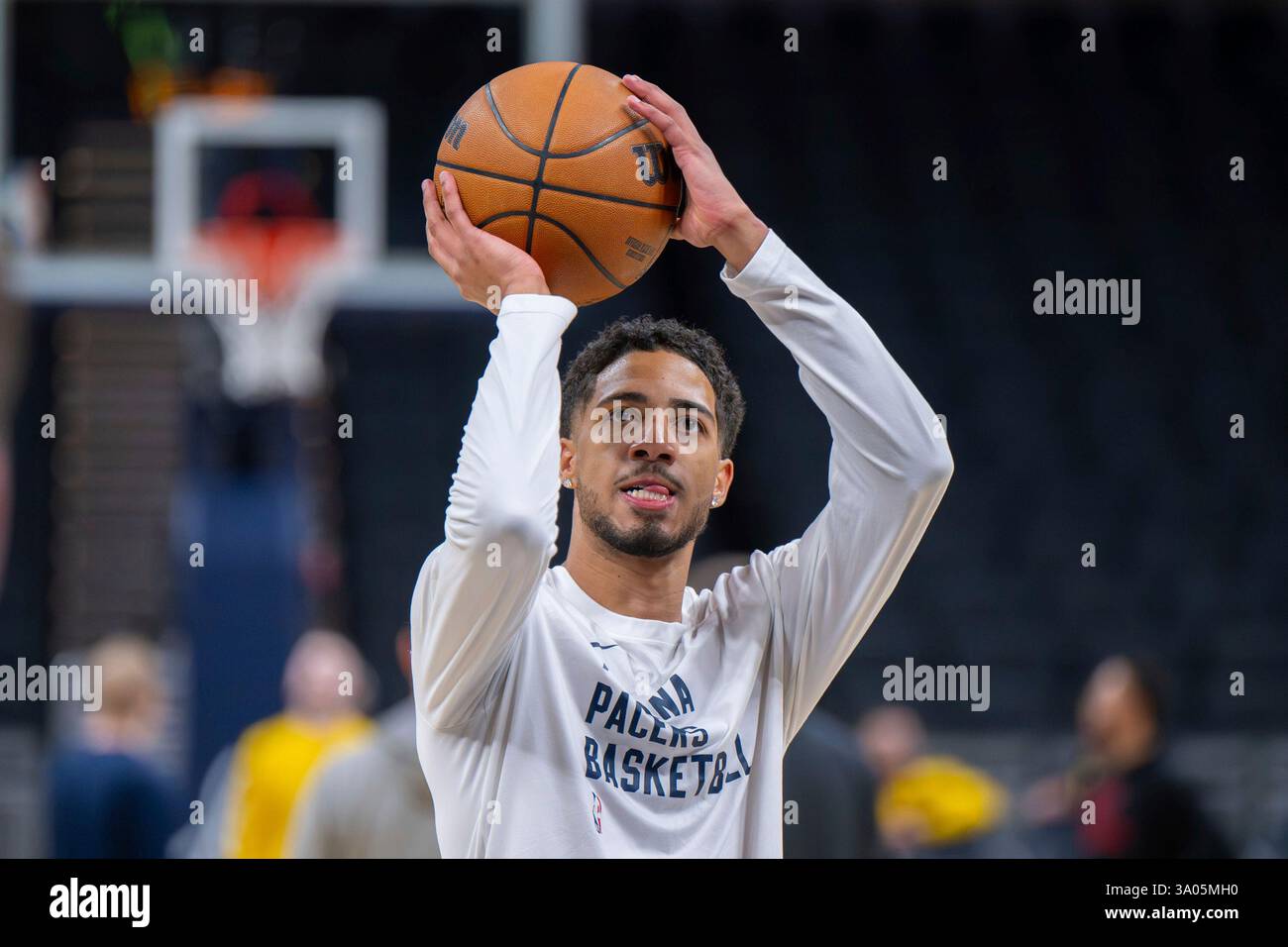 Indiana Pacers guard Tyrese Haliburton warms up on the court before an ...