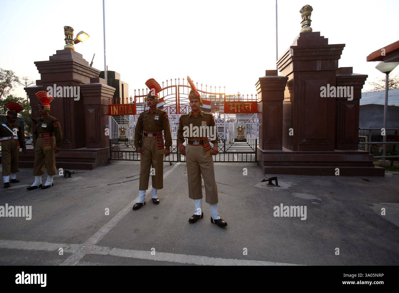 Indian border security force soldiers at border gate after changing of ...