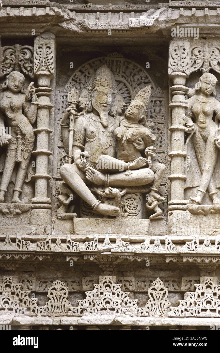 Brahma-Brahmini, step well, stone carving, Patan, Gujarat, India, Asia ...