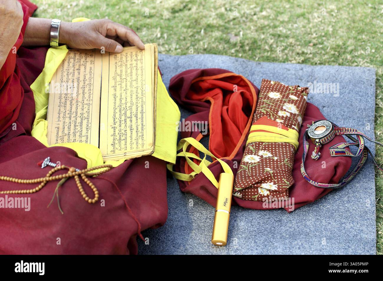 Buddhist monk reading scriptures, Sanchi, Madhya Pradesh, India, Asia ...