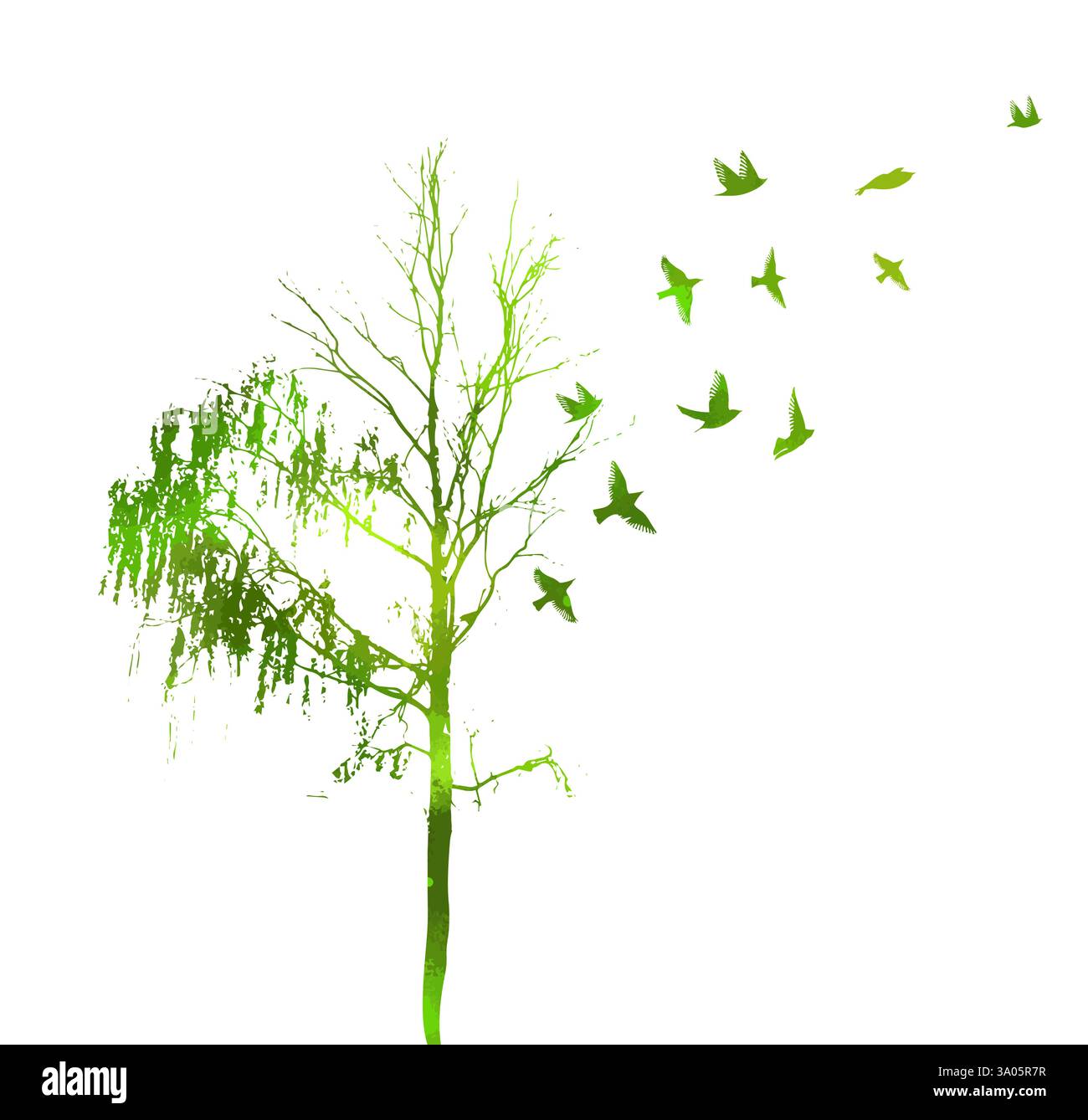 Birch tree silhouette with flying birds. Nature hand drawing. Not AI ...