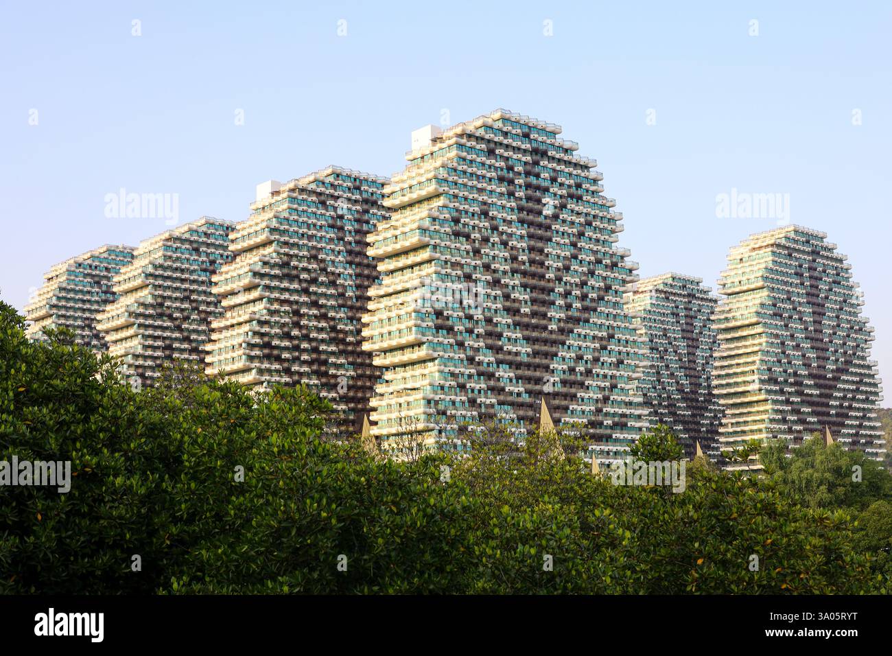 View of Beauty Crown Hotel buildings, known as tree houses, in Sanya on ...
