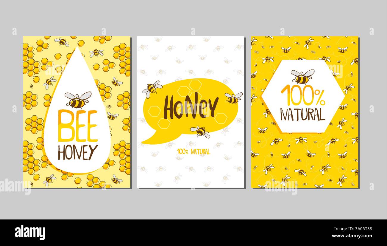 Set of stickers, banners, posters with cute bees, flowers and honey ...