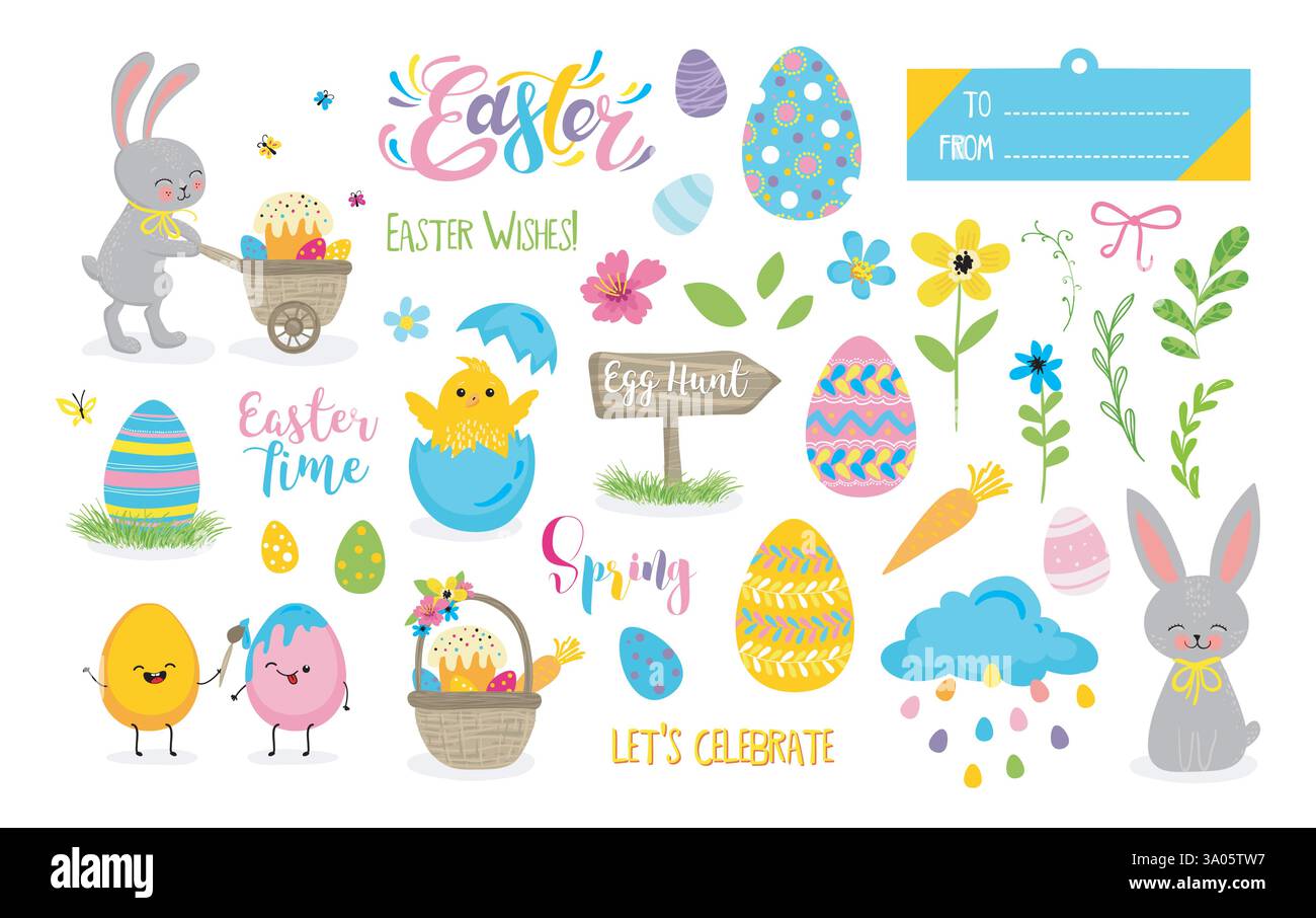 Set of cute Easter cartoon characters and scrapbooking elements. Easter ...