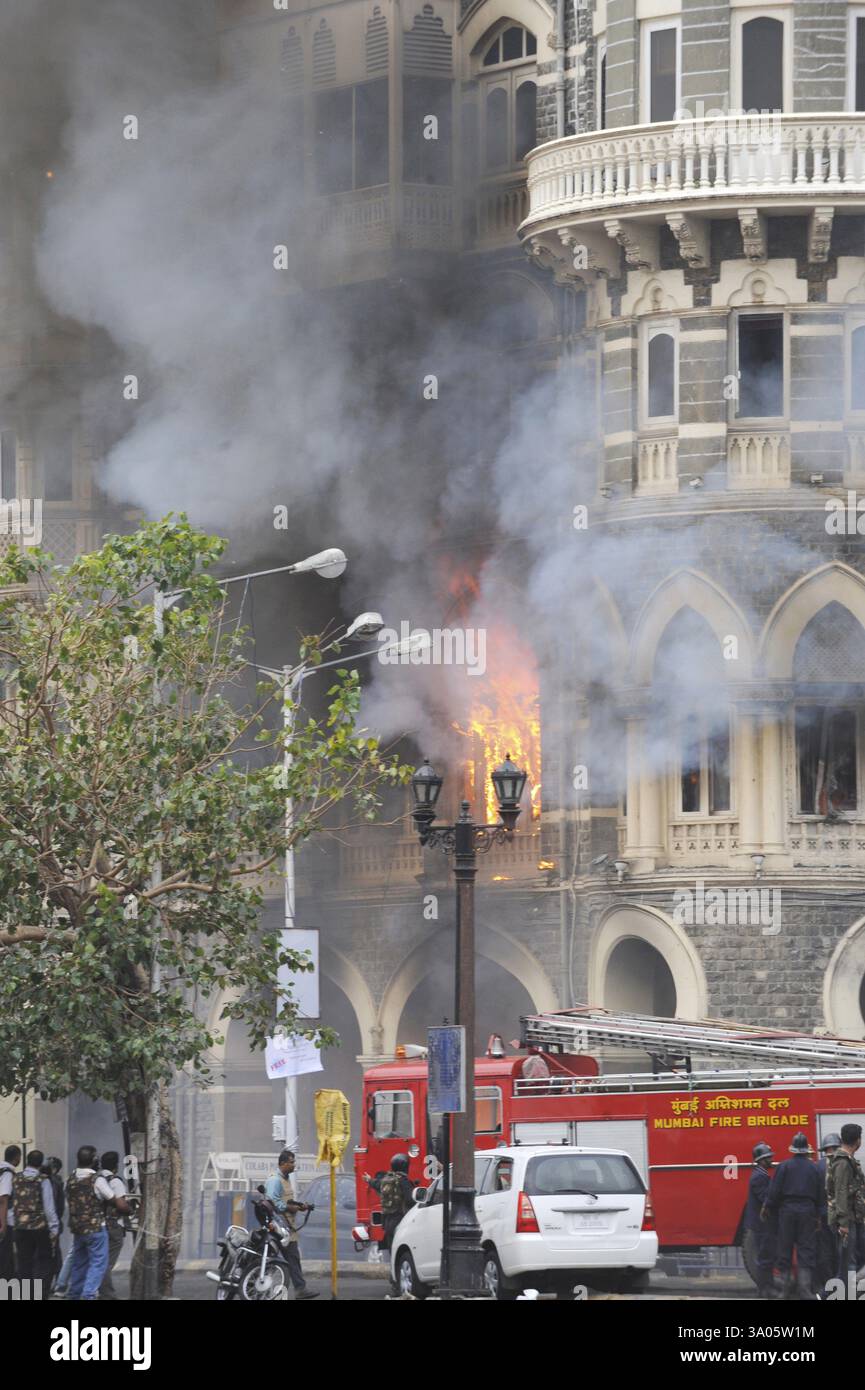 Fire inside the Taj Mahal hotel Fire Brigade taking position, terrorist ...