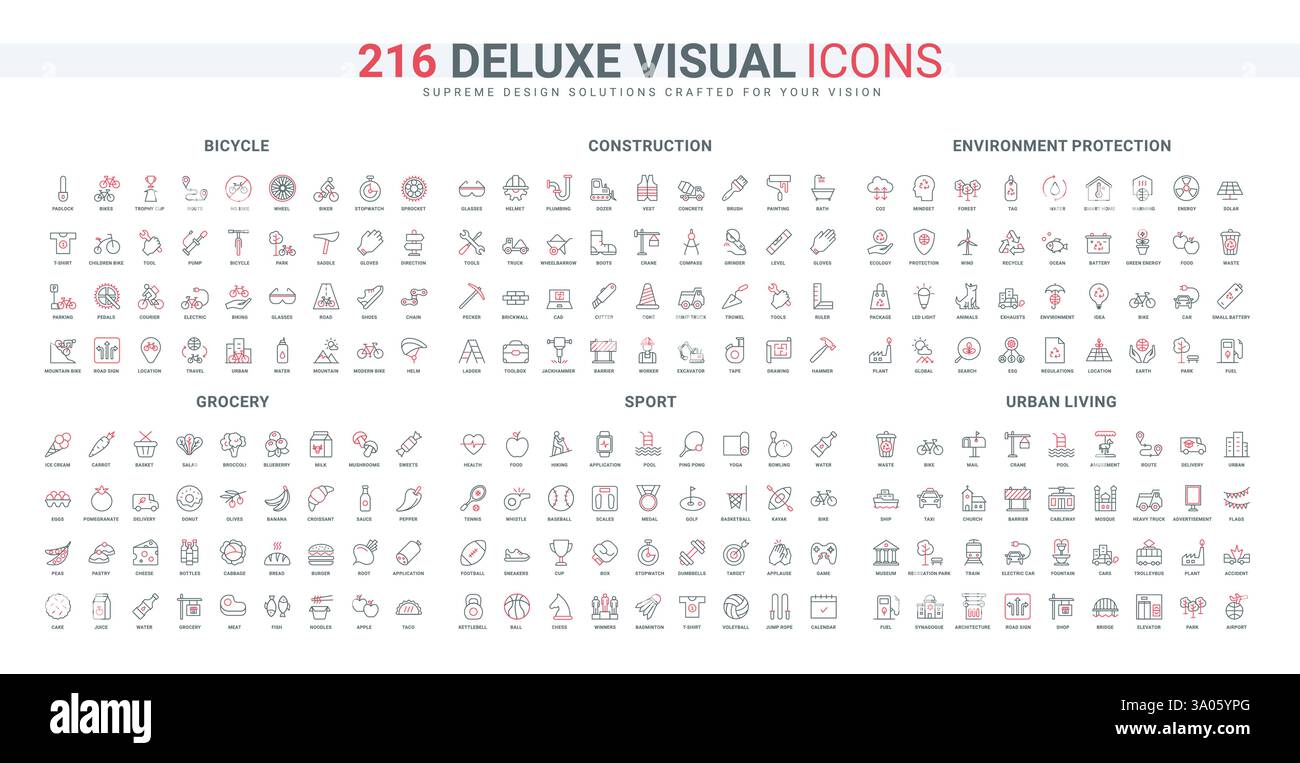 Construction and safety equipment, grocery food line icon set ...