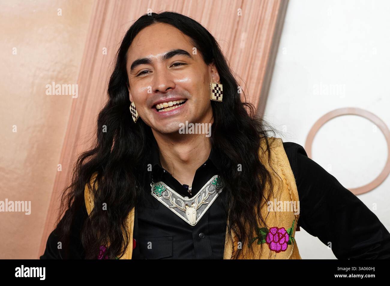 Julian Brave NoiseCat arrives at the Oscars on Sunday, March 2, 2025, at the Dolby Theatre in ...