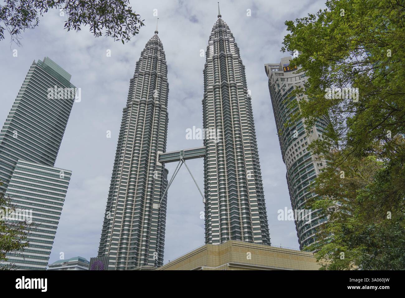 Two imposing towers surrounded by tall trees in a green landscape ...