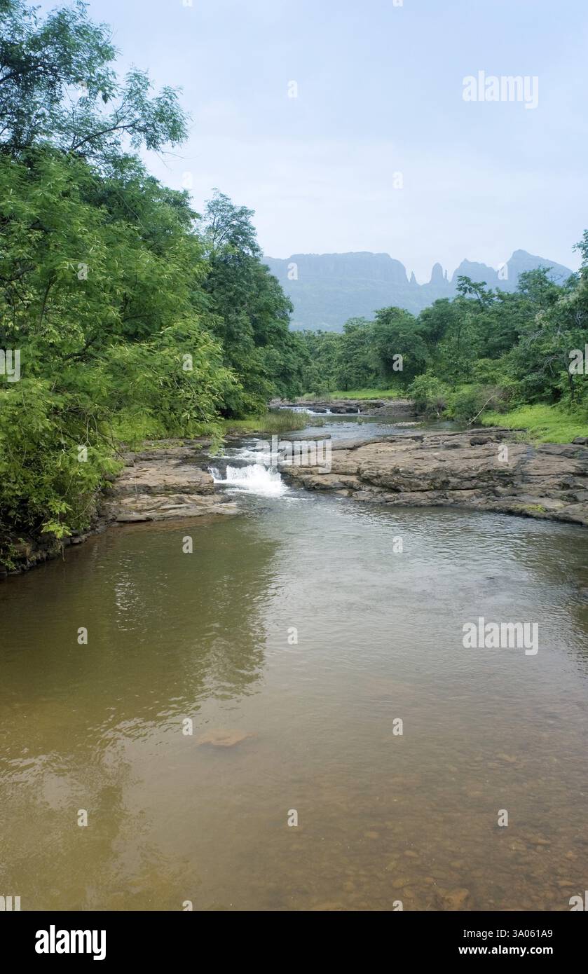 View of river and Mahuli mountain in monsoon, Shahapur district, Thane, Maharashtra, India, Asia ...