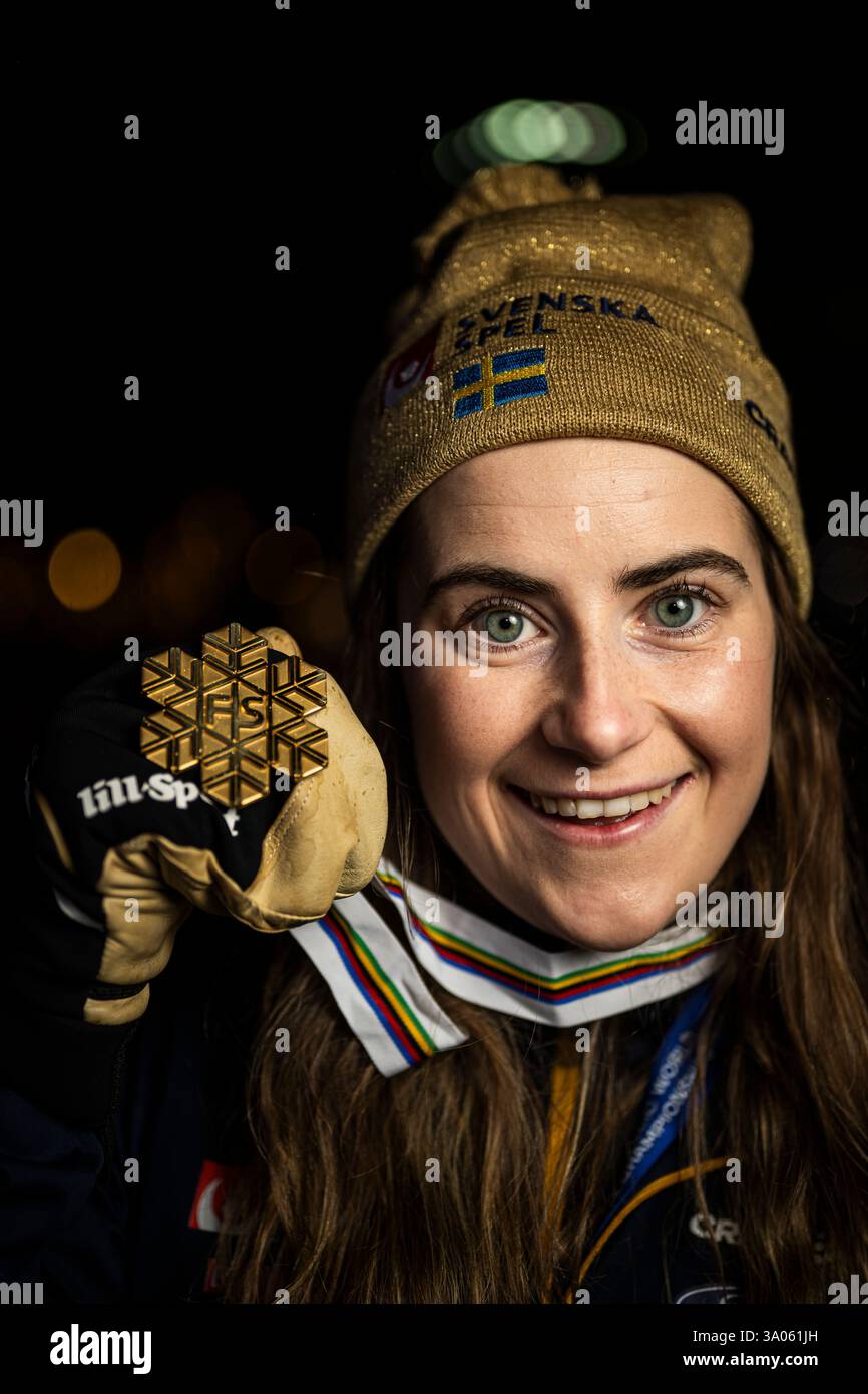 250302 Ebba Andersson of Sweden poses for a portrait with her bronze ...
