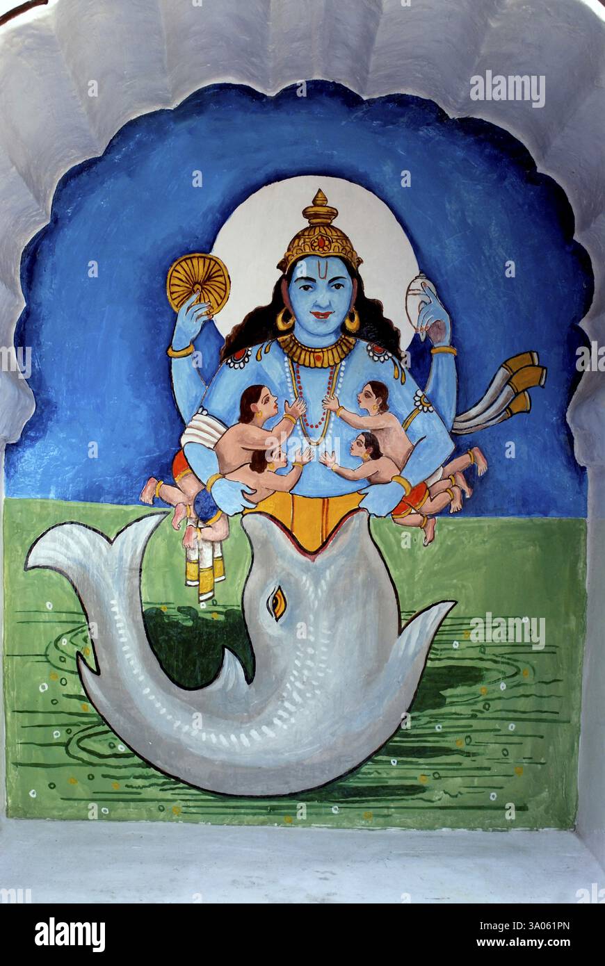 Matsyavtar or fish first incarnation Lord Vishnu painted on wall Vishnu ...
