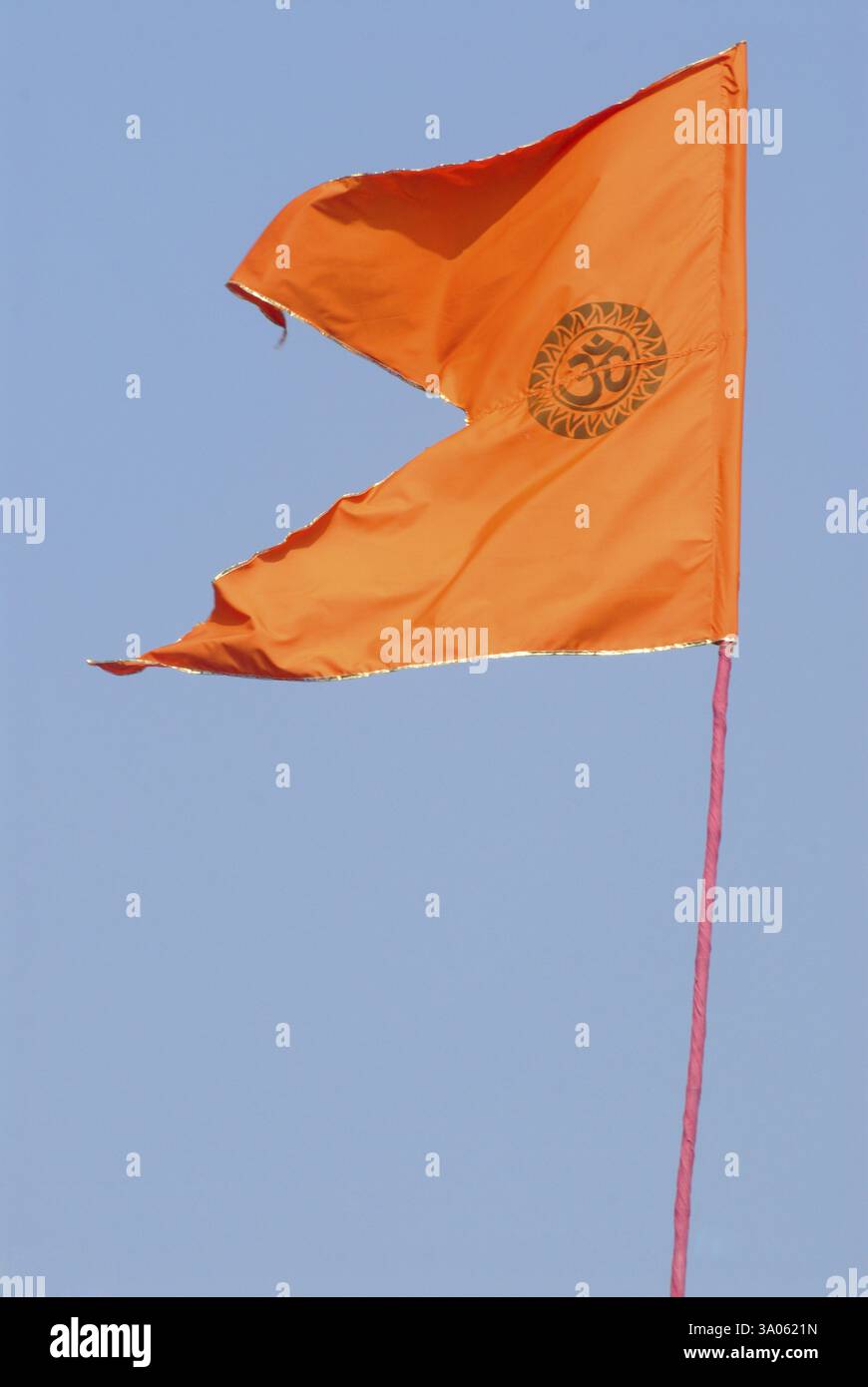 Scarlet color flag of Hindu religion with om holy symbol printed on it ...