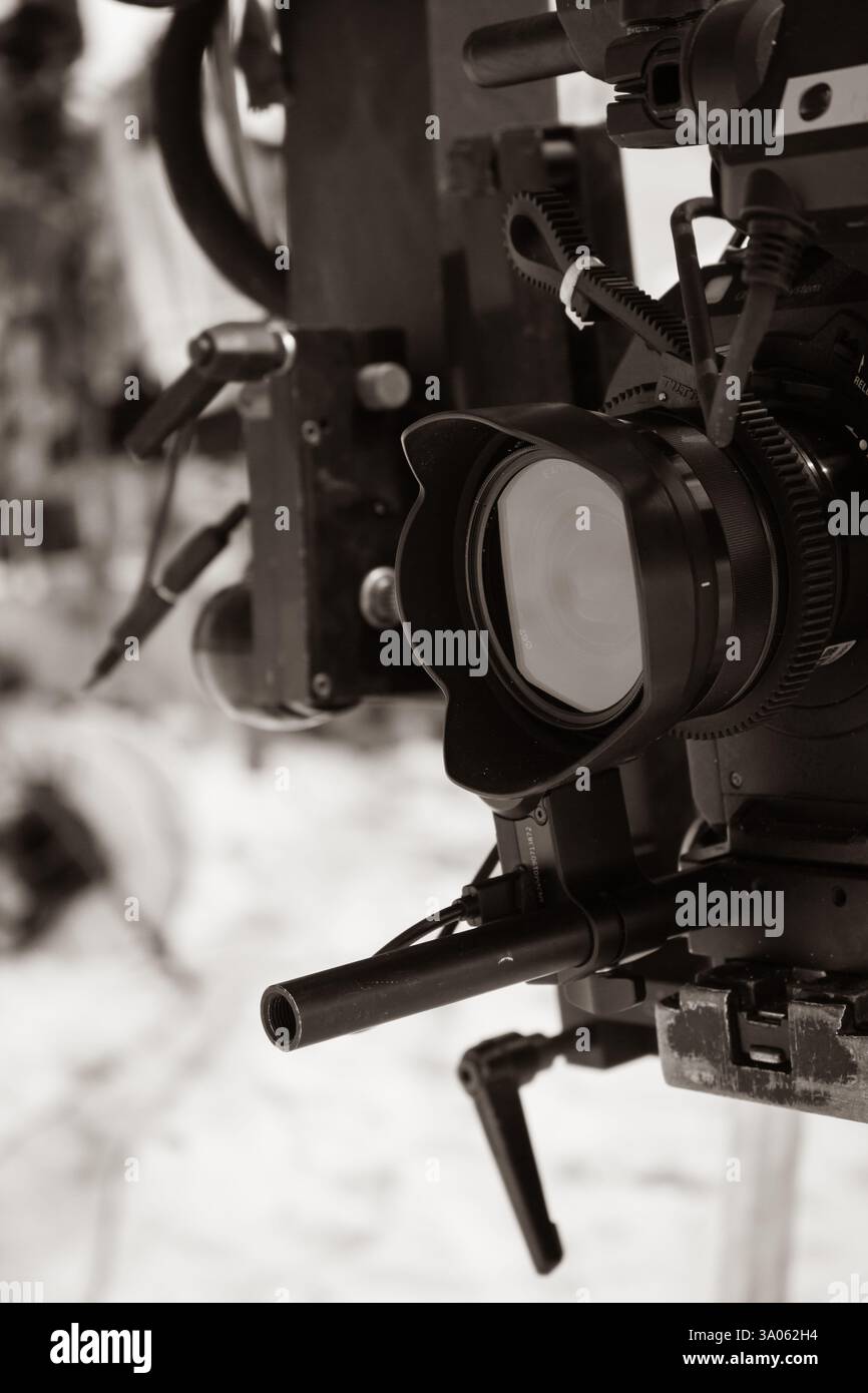 Camera on crane, black and white. Broadcasting media. Video technical ...
