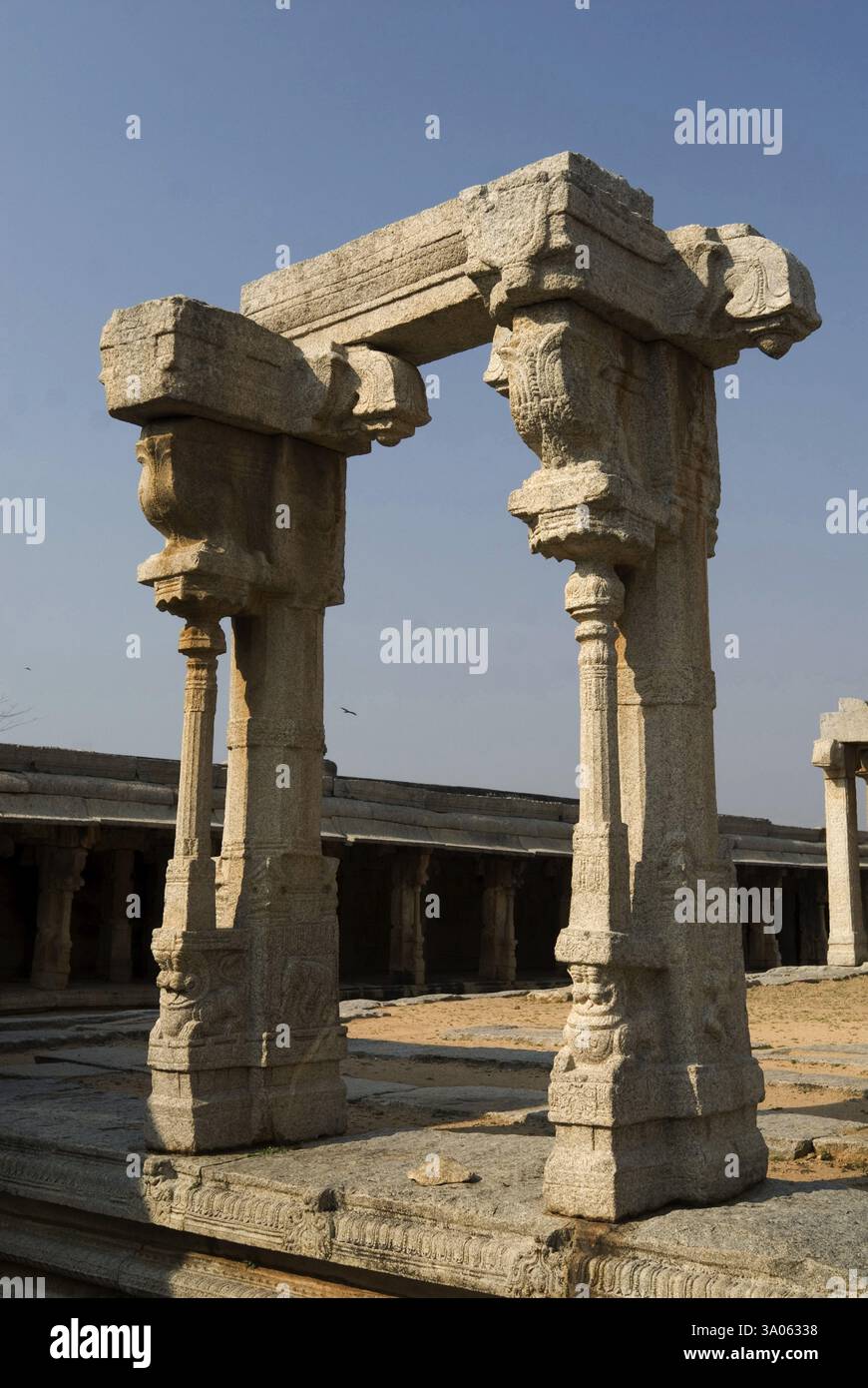 Wedding hall or Kalyana Mantapa with carved monolithic pillars in Veerabhadra temple in ...