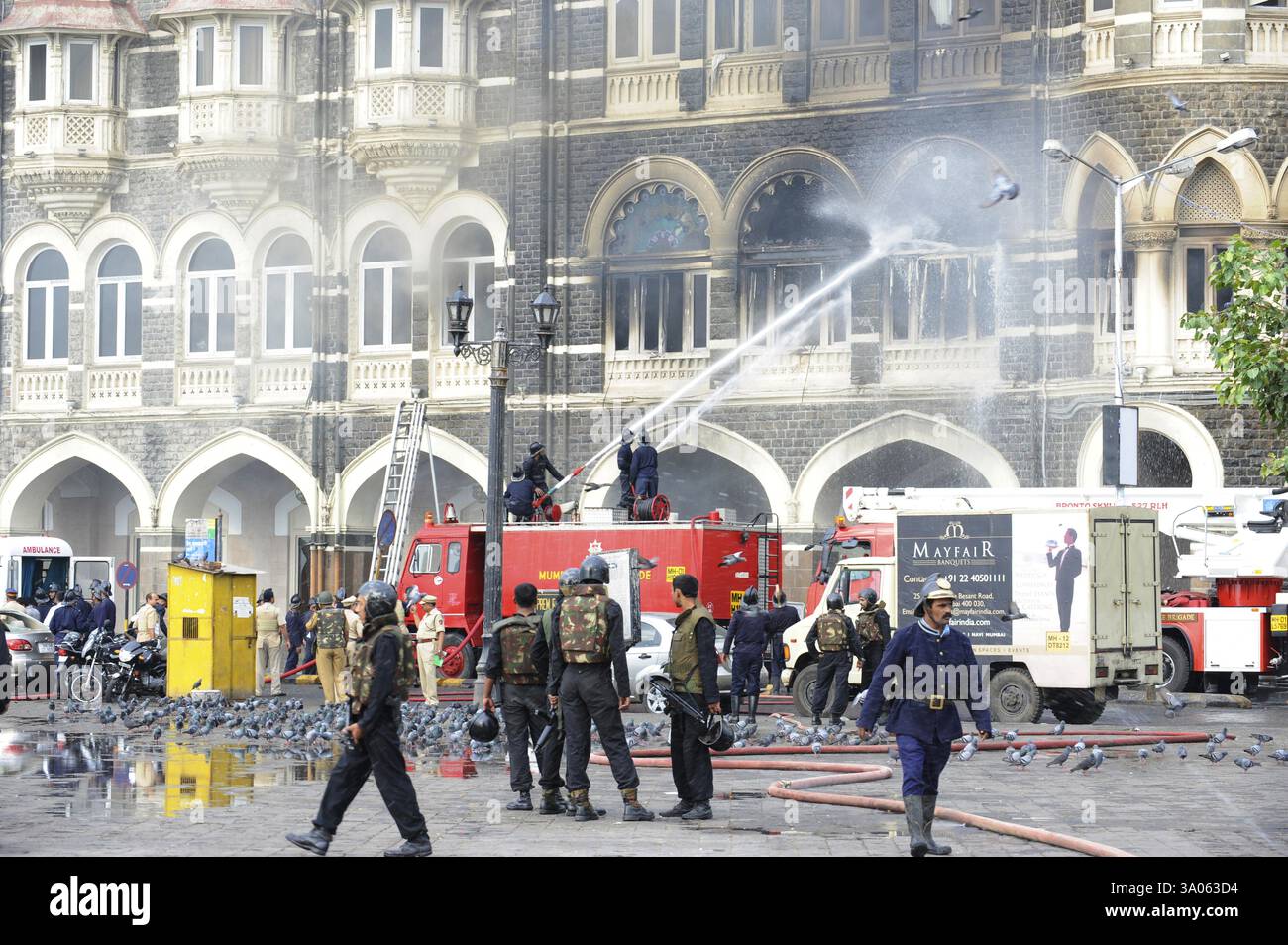 Fire Brigade trying extinguish fire Taj Mahal hotel, after Terrorist ...