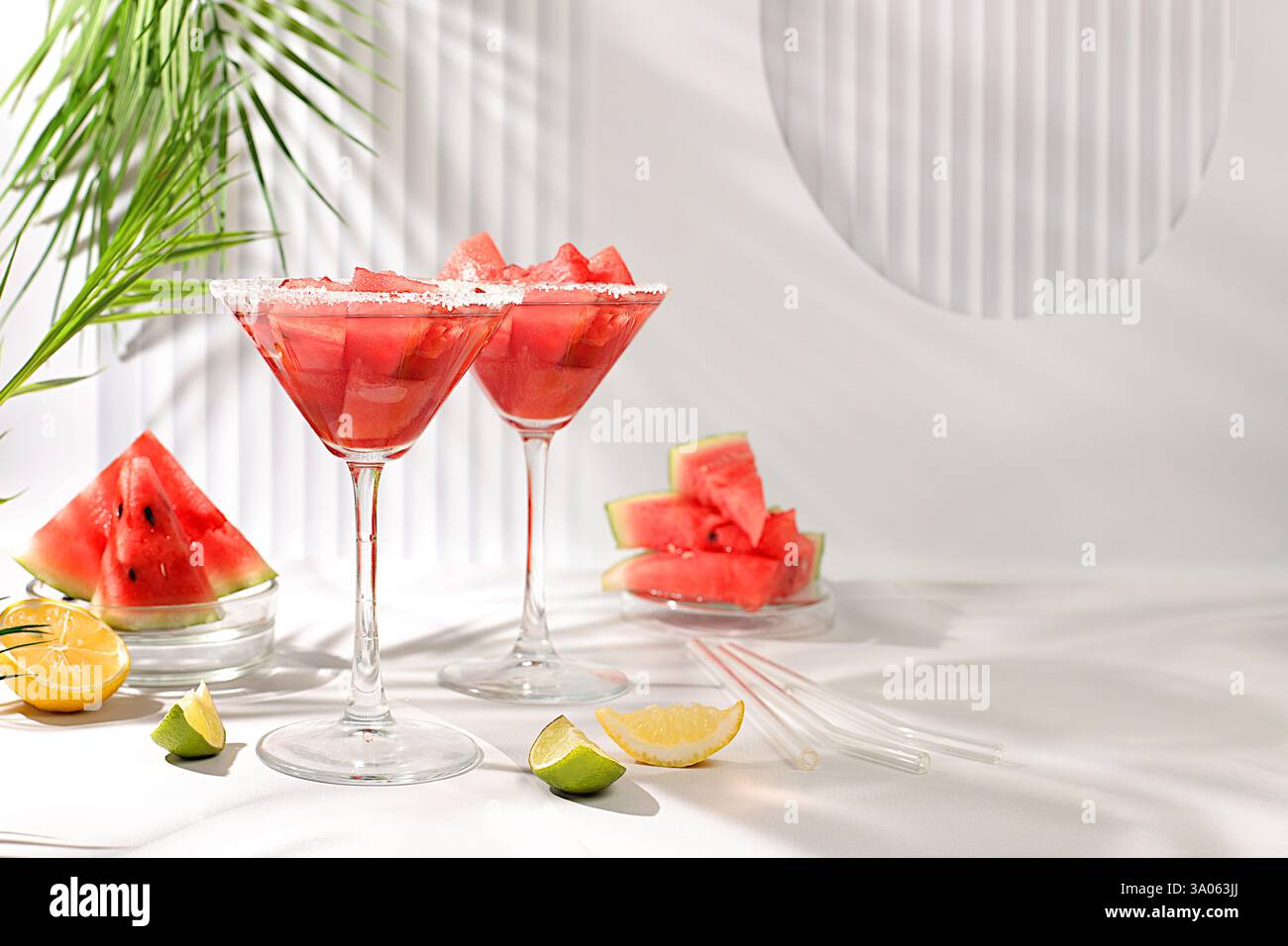 Watermelon frozen margarita cocktail with fresh slices of watermelon ...