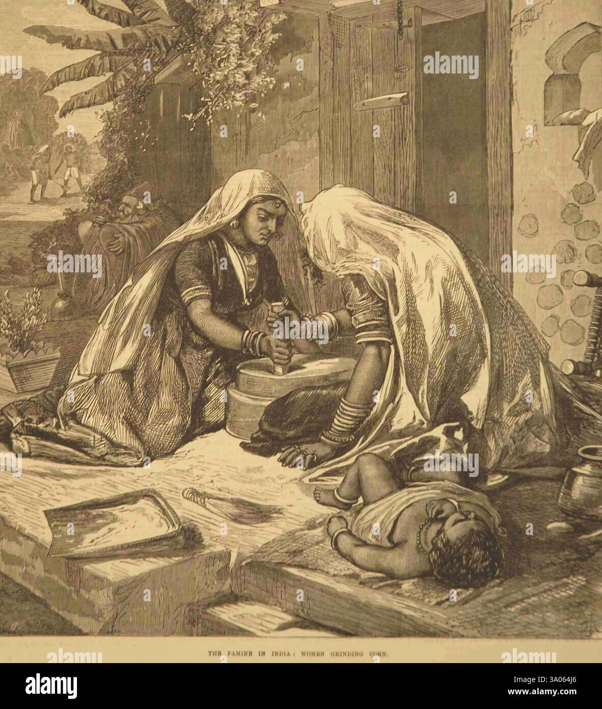 Lithographs The Famine in India women grinding corn, India, Asia Stock ...