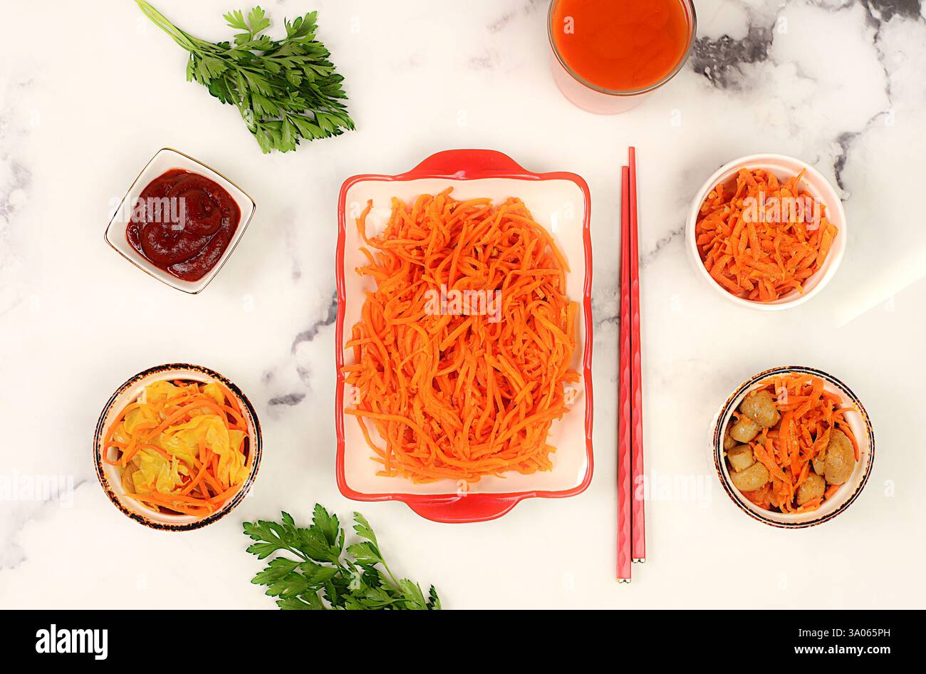 Korean kimchi side dish for barbecue dinner, carrot with sauce and hot ...