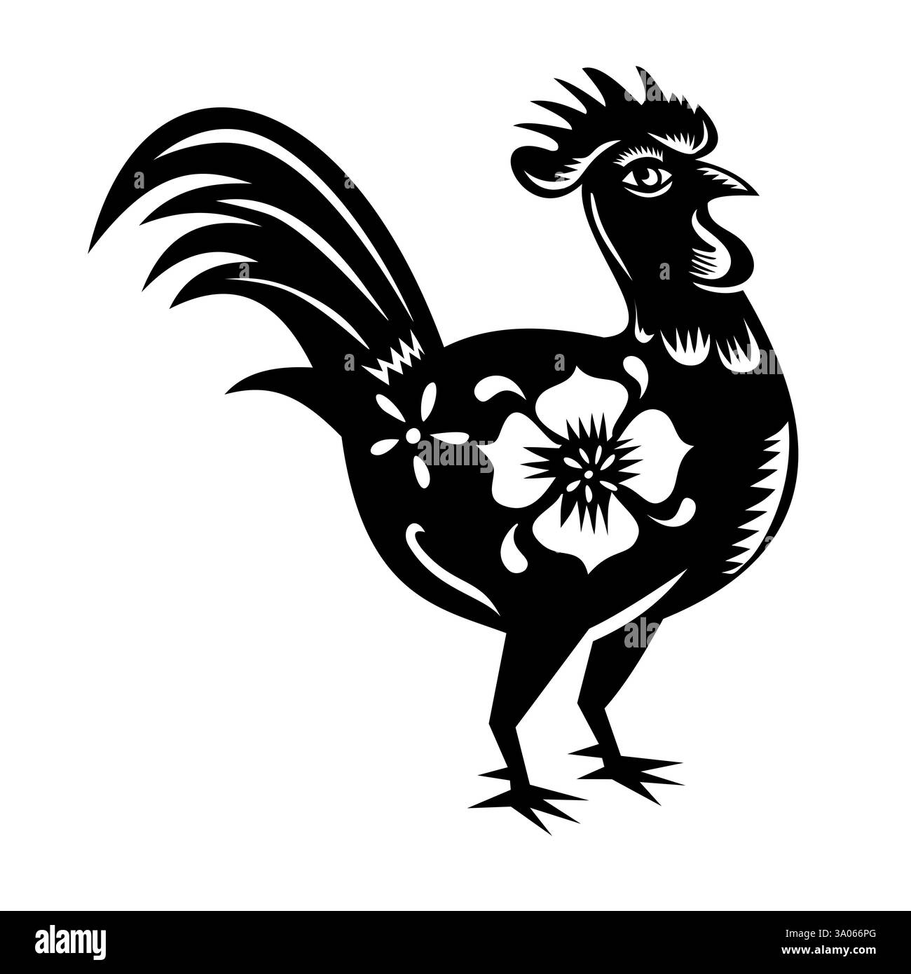 Retro woodcut style illustration of the year of the rooster, a Chinese ...